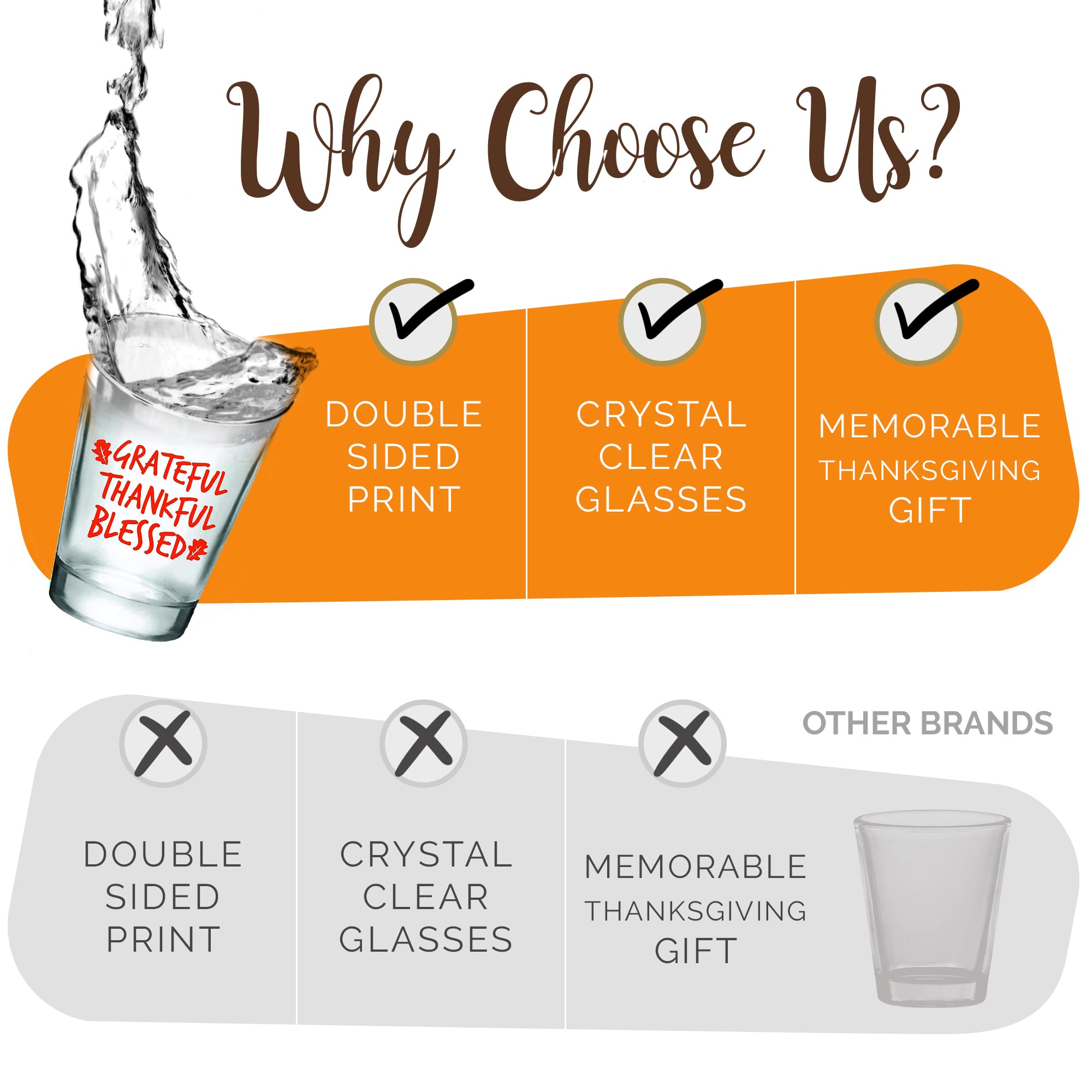 Grateful, Thankful,Blessed Thanksgiving Shot Glasses - Set of 12 Glass Turkey Day Holiday Drinkware - Fall Decor Drink Accessories with Double-Sided Prints - Novelty Home & Friends Giving