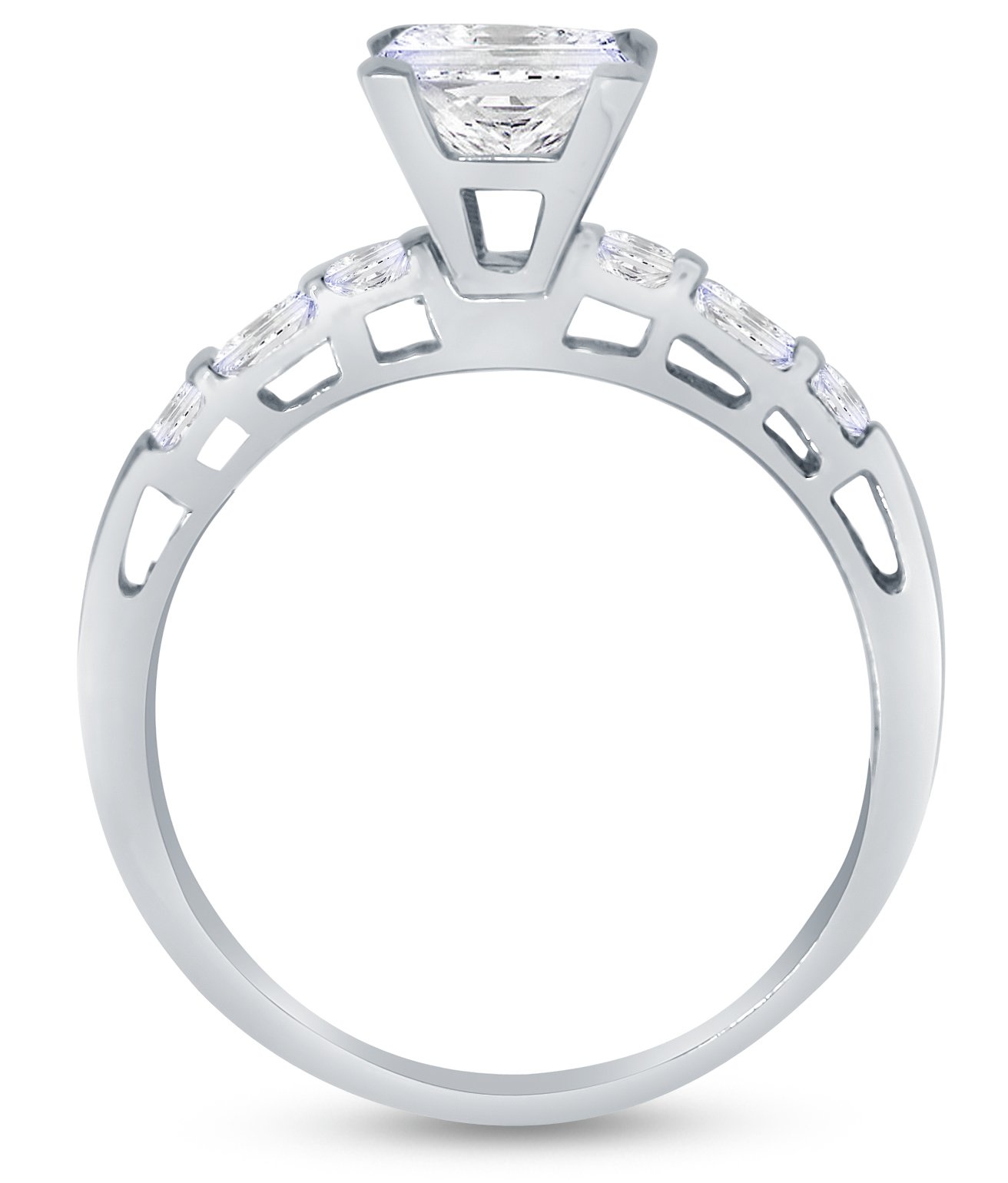 Size 8.5 - Solid 14k White Gold CZ Cubic Zirconia Bridal Engagement Ring w/Matching Wedding Band Two Ring Set - Princess Cut Solitaire with Baguette Side Stones (1.75cttw., 1.0ct. Center)