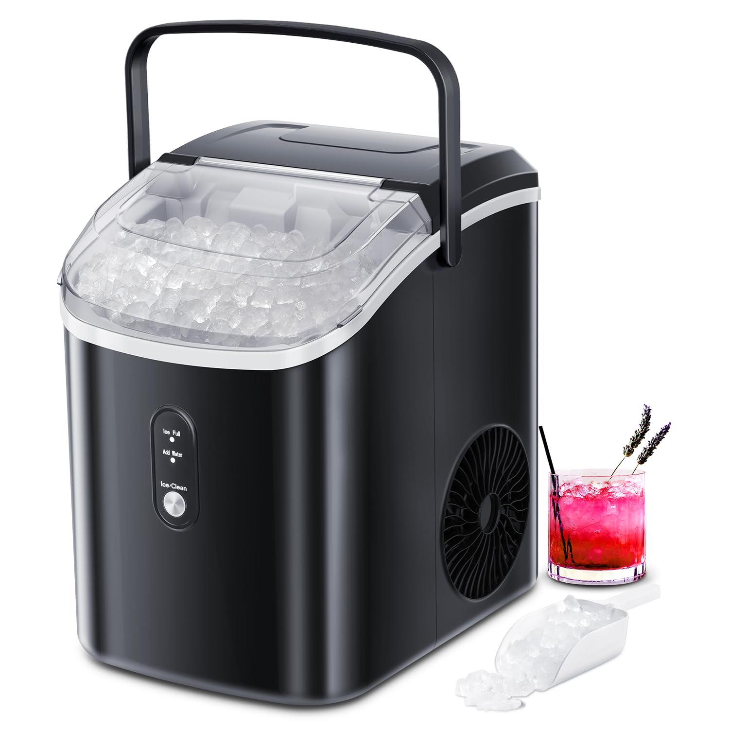 Nugget Ice Makers Countertop, Crushed Ice Maker with Handle,35Lbs/24H,Soft Chewable Ice, Pebble Ice Maker with Self-Cleaning, Ice Scoop and Ice Basket,for Home,Office,Kitchen（Inkiness）