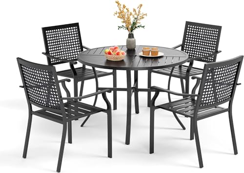 PHI VILLA 5 Pieces Outdoor Round Dining Set for 4, Steel Circle Table with Umbrella Hole & Stacking Wrought Iron Chairs, Morden Dining Furniture Set for Patio, Deck, Yard, Porch