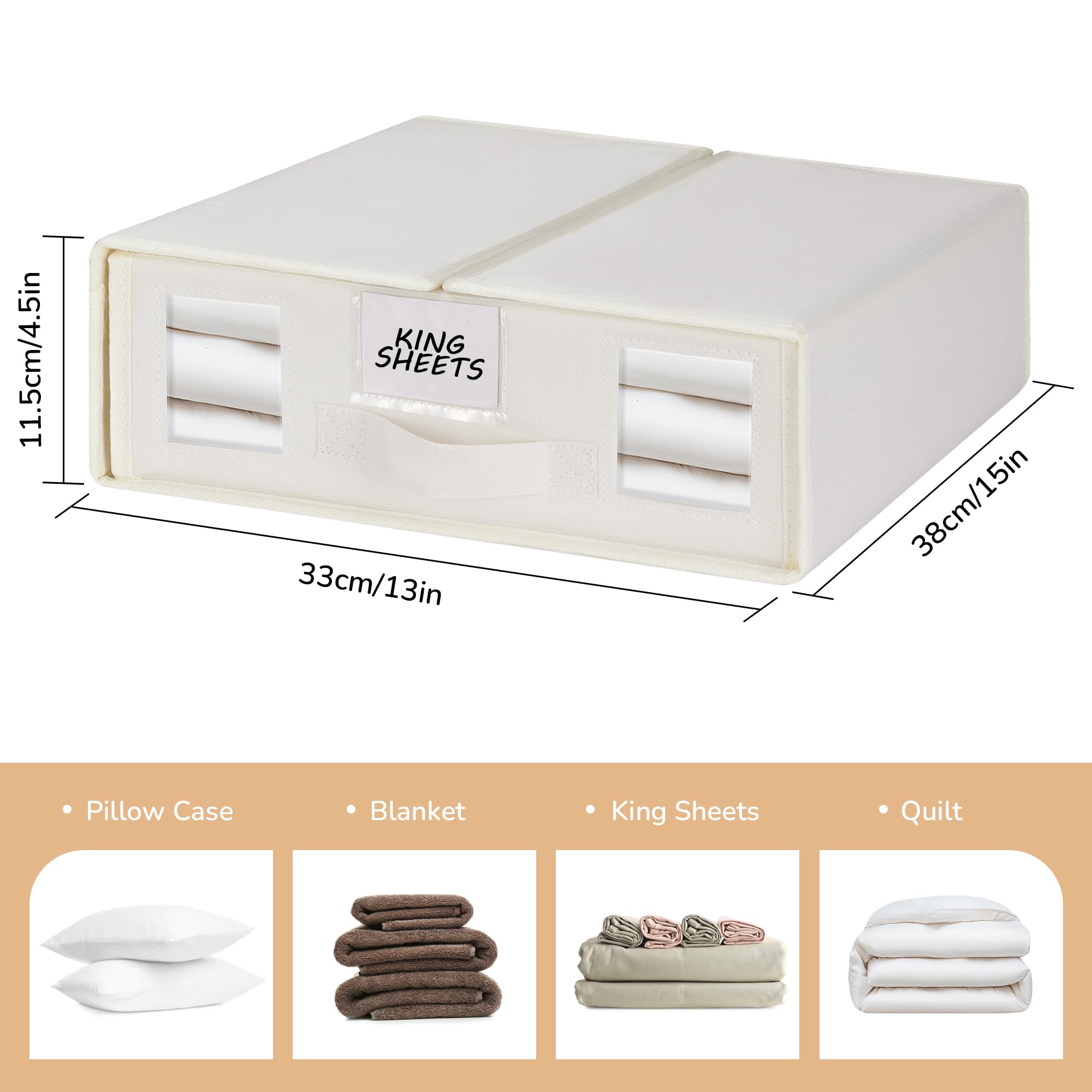 MIYCOO Bed Sheet Organizers and Storage 4 Pack, Bed Sheet Organizer for Linen Closet, Foldable Sheet Organizer (Queen & King Size) with Window and Label for Blanket, Bed Sheet Set, Beige