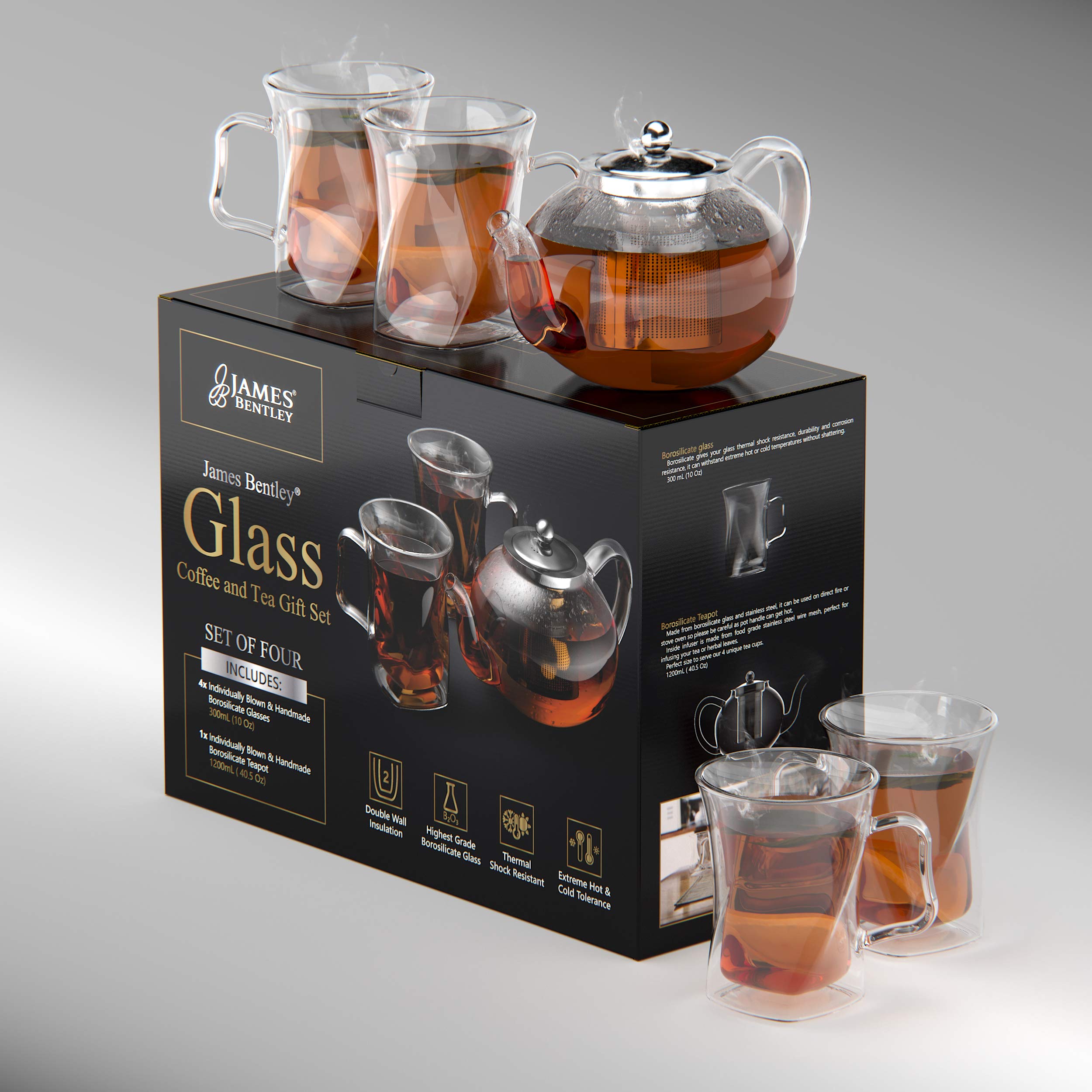 Glass Tea Sets for Adults-Elevate your Tea Time with our Clear Teapot & insulated Cup Set- Tea Pot Sets Kettle w/Infuser for Stove Top & 4 Double Wall Teacups Blooming loose leaf teas Glass Tea set