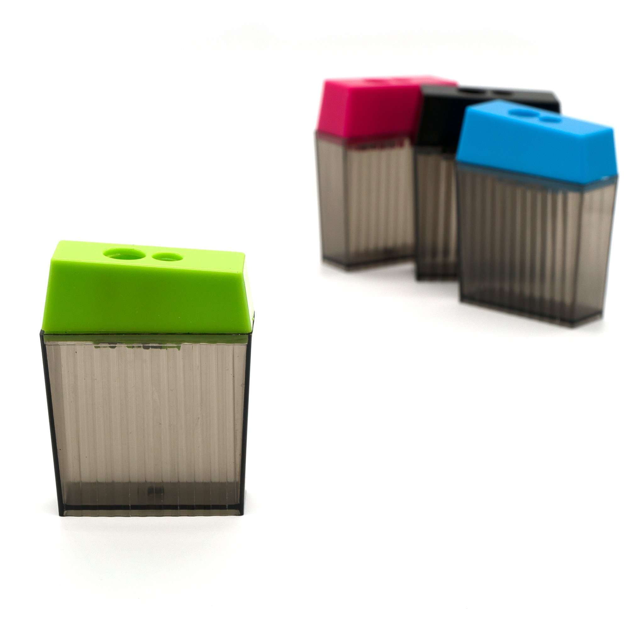 Emraw Dual Hole Manual Pencil Sharpener with Rectangular Receptacle to Catch Shavings for Regular & Oversize Pencils/Crayons - Blue, Green, Pink & Black -Great for School, Home & Office (6 Pack)