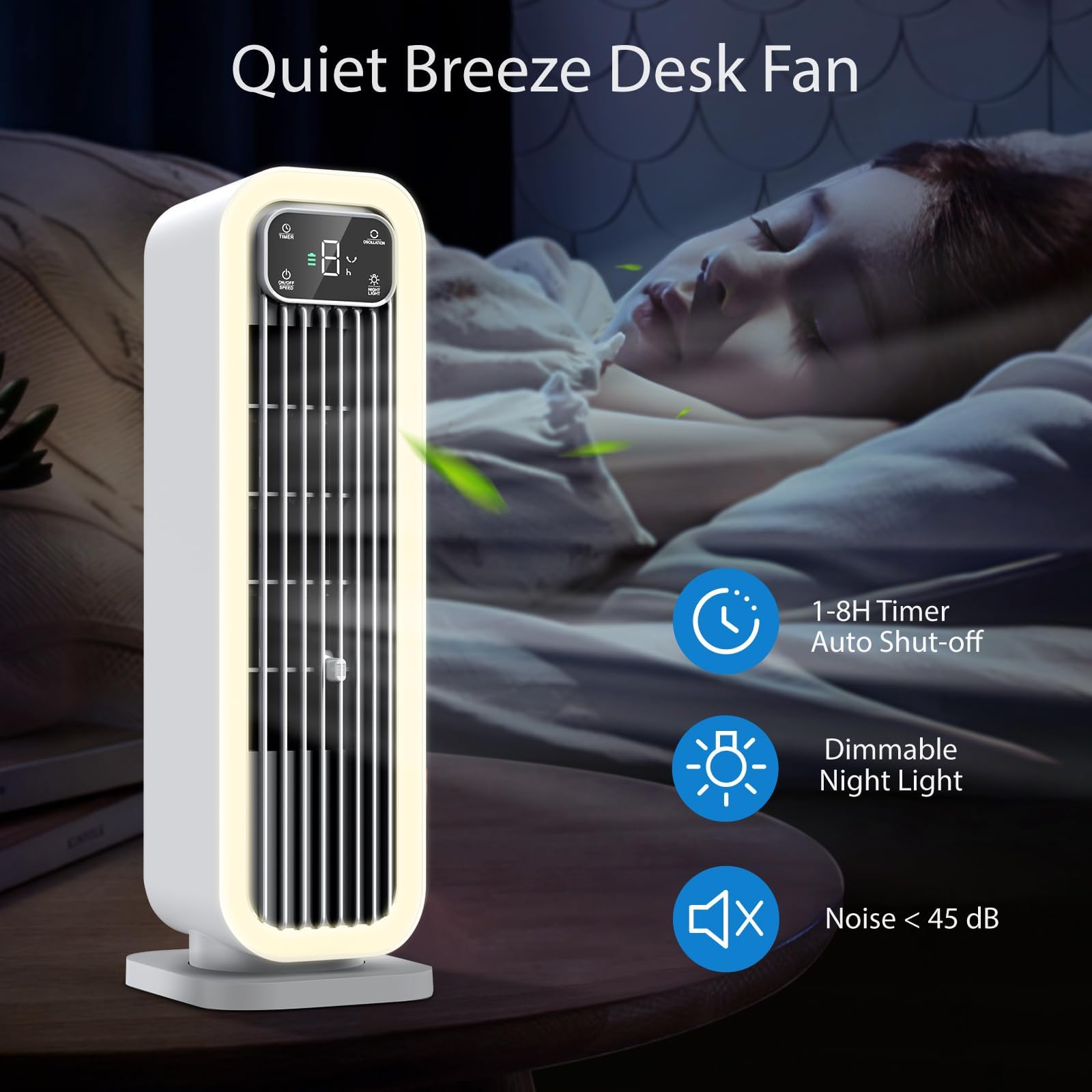 Oscillating Tower Fan, Bladeless Desk Fan 15 inch 12000mAh Battery Operated Portable Table Fan for Bedroom Office Home, Small Standing Fan for Rooms Desktop with Touch Control, Timer, Dimmable Light