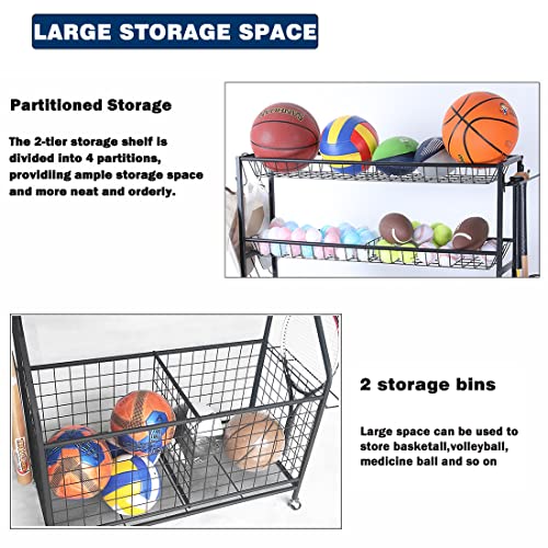 Lhysn Carbon Steel Sports Equipment Storage Rack, 2 Baskets, 2 Lockable Wheels Guaranteed