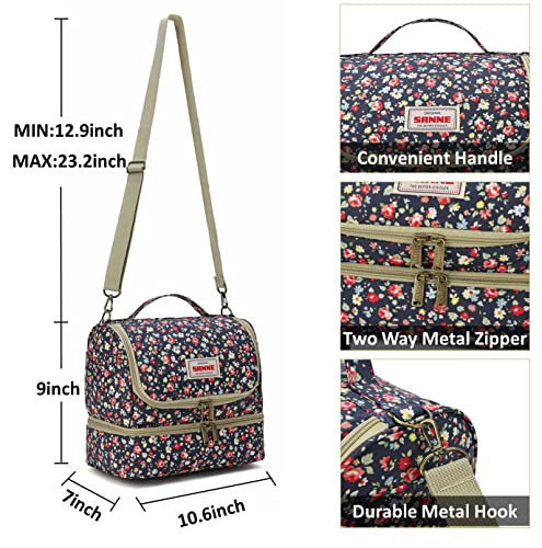 Lunch Bag Tote for Women Men Double Deck Lunch Box with Shoulder Strap Insulated Leakproof Cooler Bag, Blue