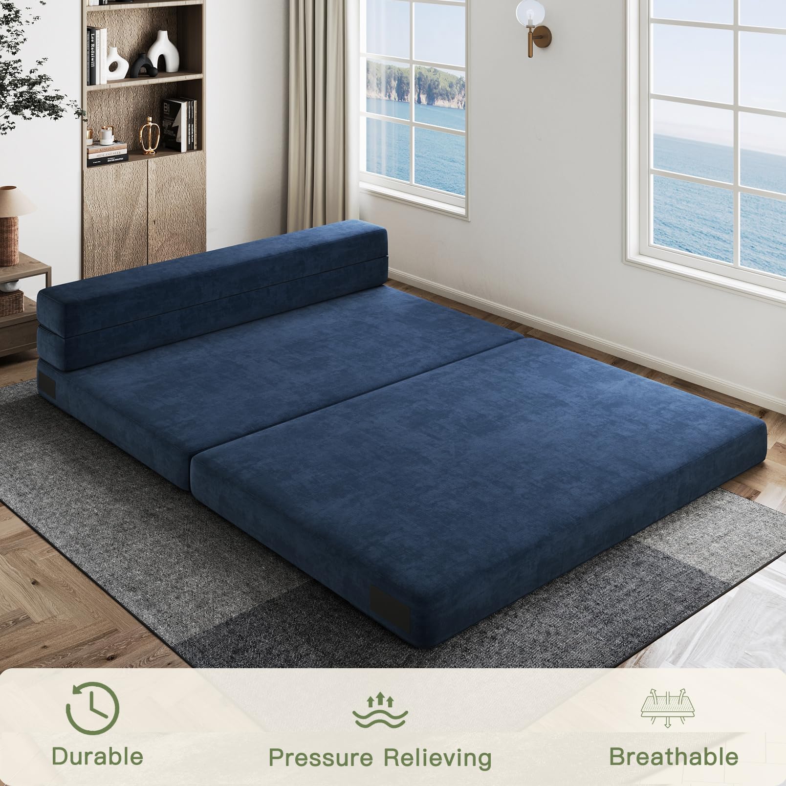 Luoxiao Folding Sofa Bed Queen with 2 Pillows, Foldable Sofa Bed for Travel, Camping, Guest, Futon Sleeper Chair Guest Bed with Breathable & Washable Cover, Convertible and Easy to Storage,NavyBlue