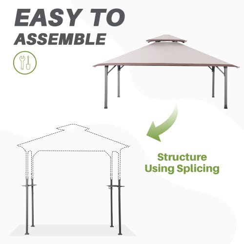 Easylee 8' x 5' Grill Gazebo for Outdoor BBQ, Steel Frame Gazebo with LED Lights and Hook, Double Tiered Barbecue Canopy Tent (Beige-White)