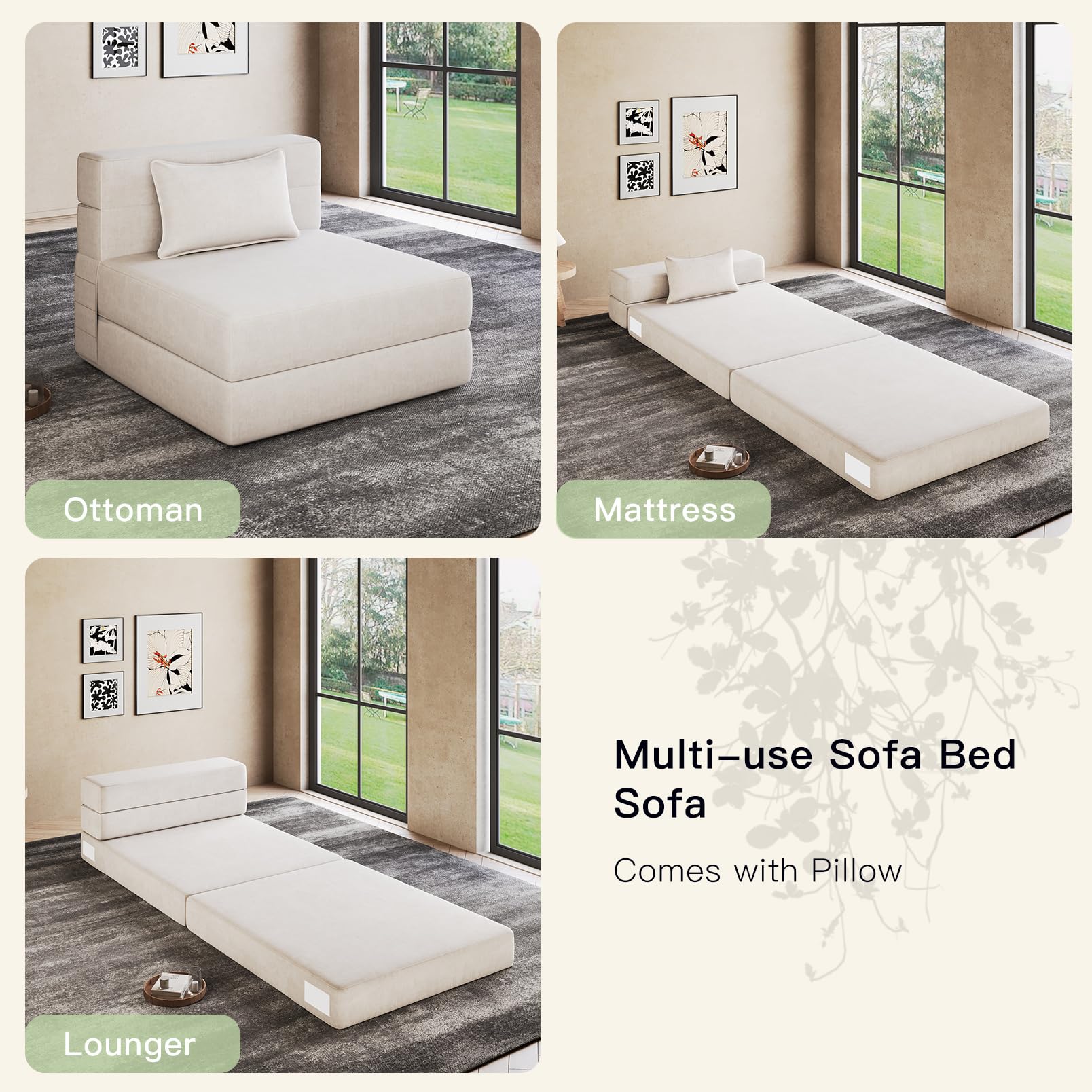 Luoxiao Folding Sofa Bed Single with Pillow, Portable Foldable Sofa Bed for Travel, Camping, Guest, Folding Lounge Chaise with Breathable & Washable Cover, Convertible and Easy to Storage, Off White