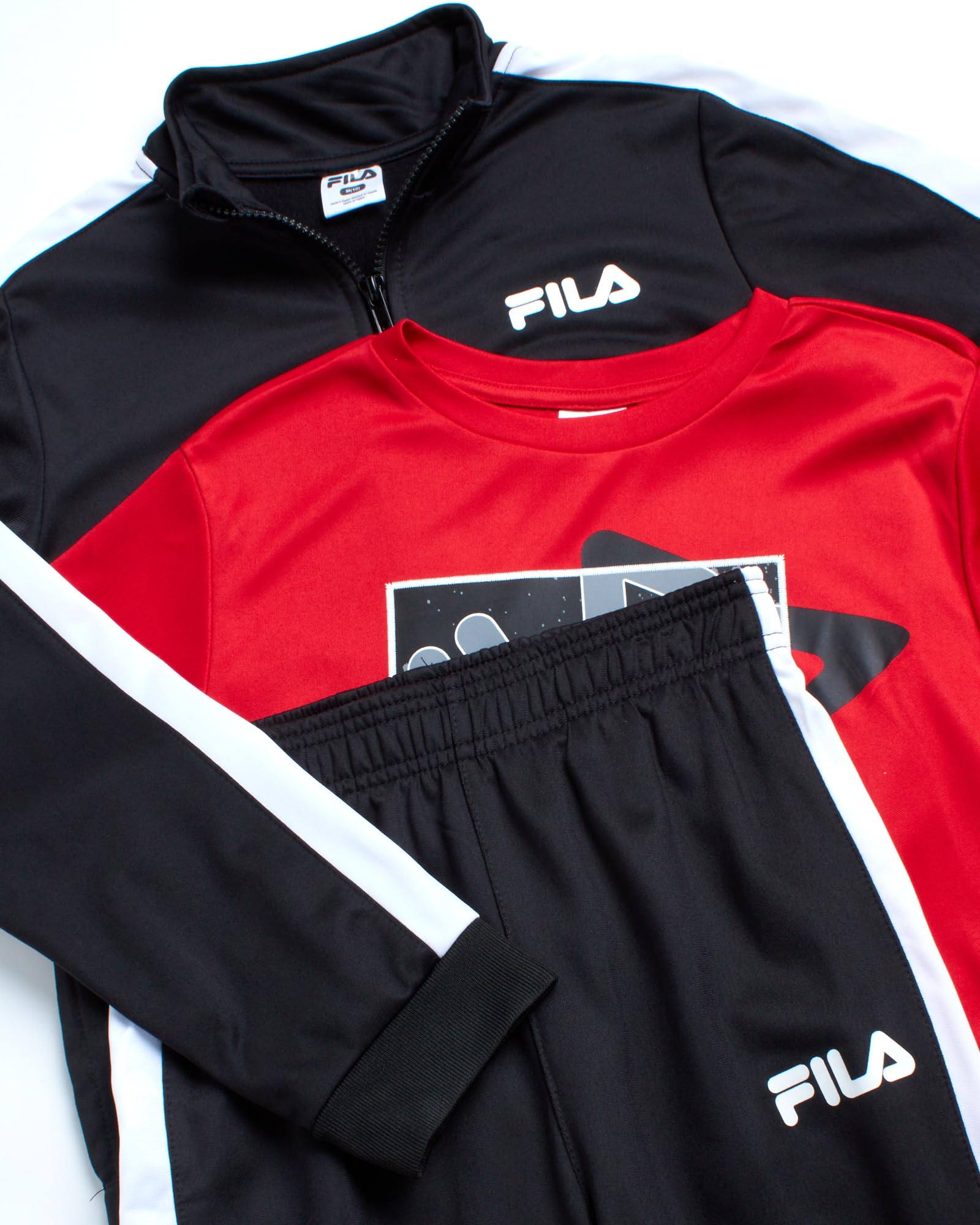 Fila Boys Active Tracksuit Set - 3 Piece Performance Tricot Sweatshirt, Jogger Sweatpants, Shirt - Activewear for Boys (8-12), Size 8, Black