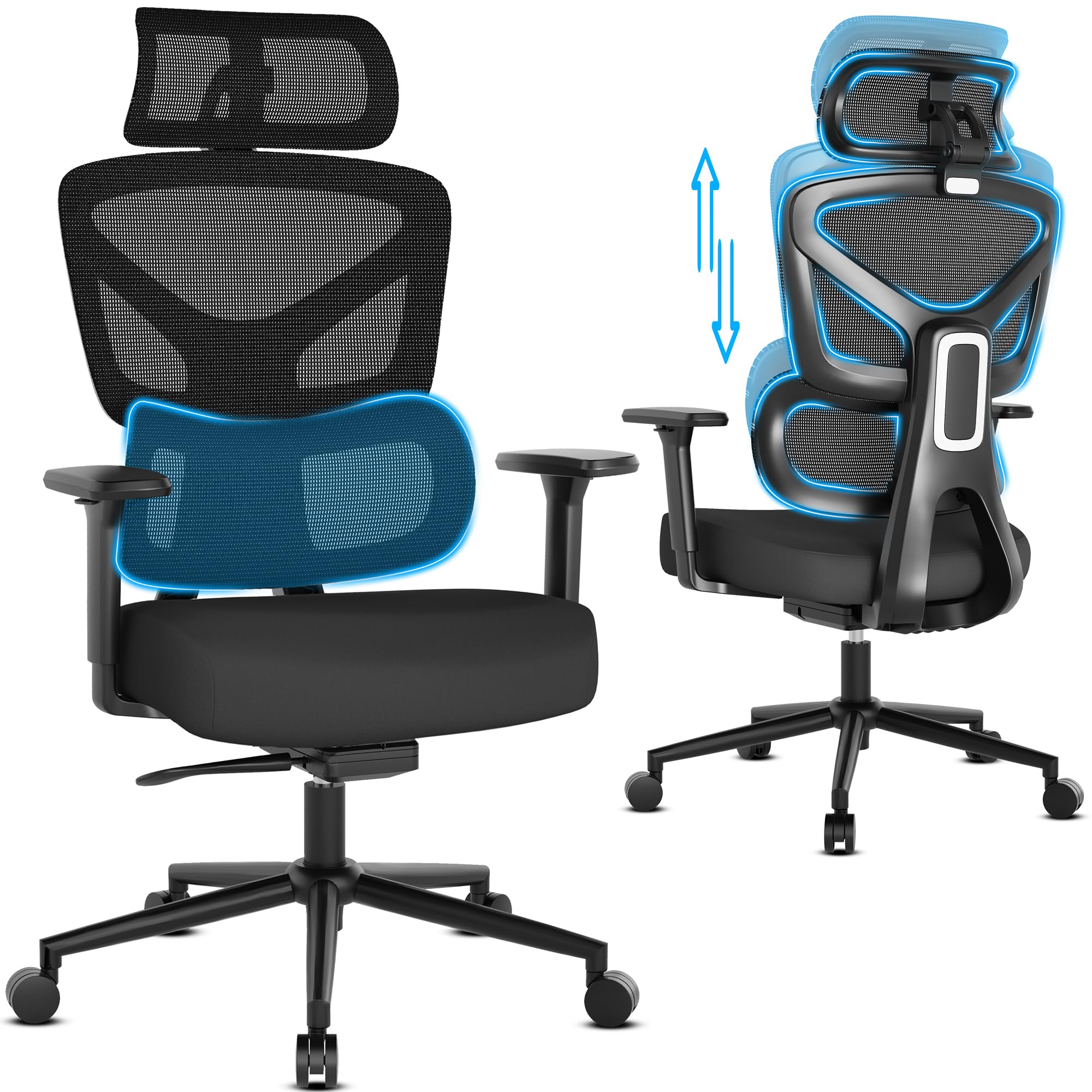 MOLENTS Ergonomic Office Chair Big and Tall Desk Chair Comfy Computer Chair with Dynamic Lumbar Support, Adjustable Headrest and Backrest,3D Armrests,Black