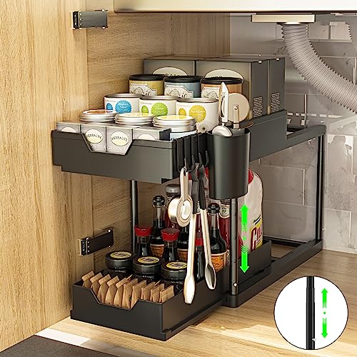 POWERWOO Under Sink Organizers and Storage with Double Sliding, Adjustable Height Under Cabinet Organizer for Kitchen, 2 tier Pull Out Under Bathroom Organizer Multi-purpose Drawer Shelf (1 pack)