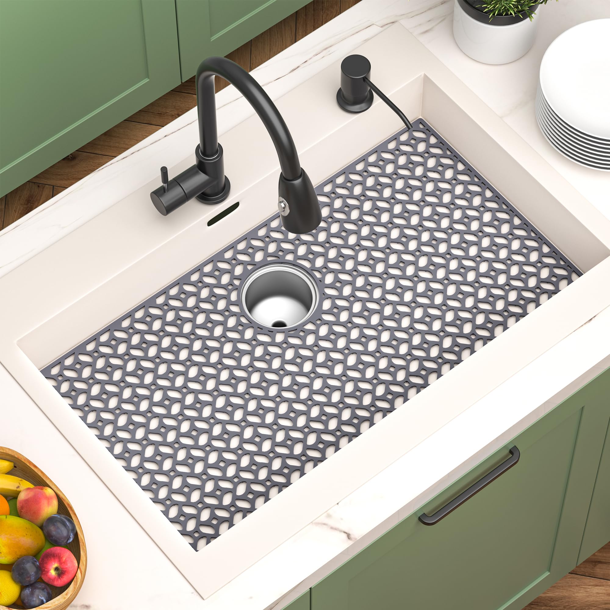 Sink Mat Protector for Kitchen Sink, JUSTOGO 29.5" x 15.6" Silicone Kitchen Sink Protector Grid for Stainless Steel Sink with Rear Drain, Heat Resistant
