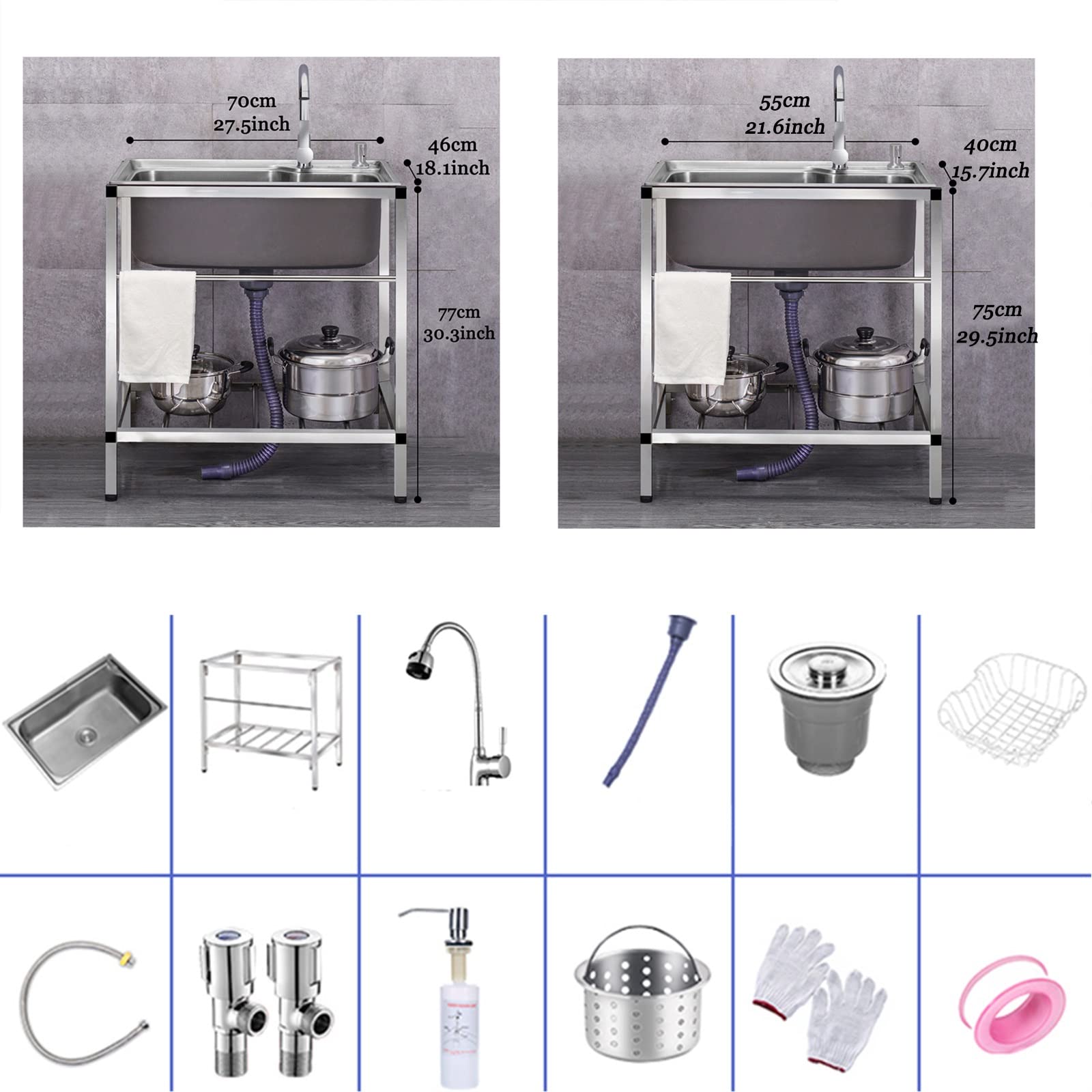 Kitchen Sink for Washing Single Bowl 304 Stainless Steel Utility Sinks Freestanding Outdoor camping dish washing station with Console & Stand for Indoor Garage Kitchen Laundry Room ( Size : 70*46*75cm