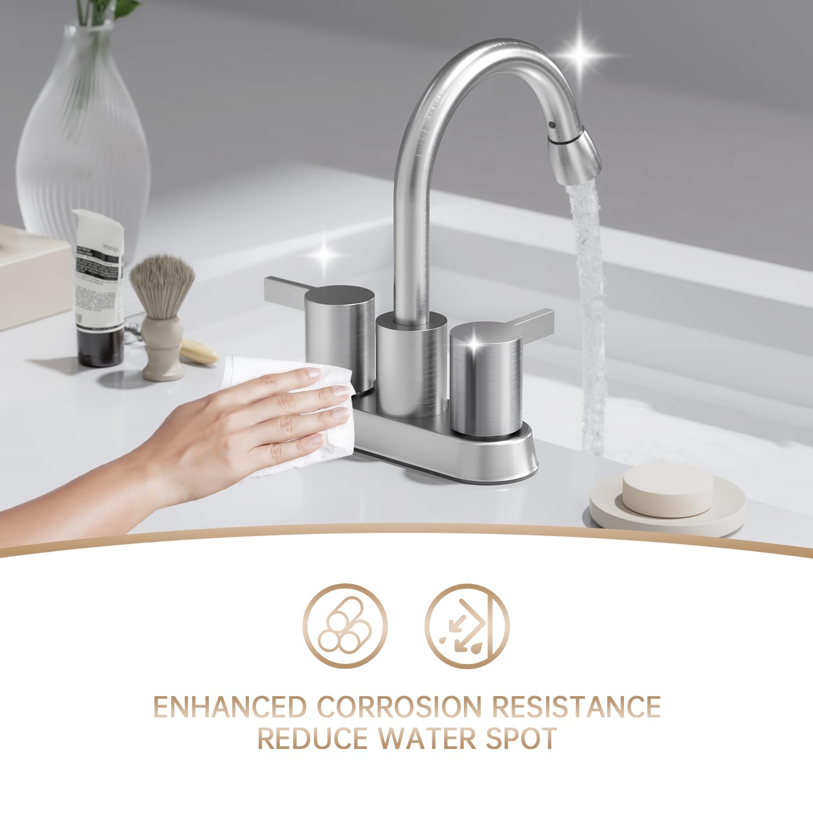 Phiestina Pull Down Sprayer Brushed Nickel Bathroom Faucet, 4 Inch 3 Hole Centerset Pull Out Bathroom Sink Faucet,with 360 Swivel Spout, Metal Pop-Up Drain & cUPC Water Supply Lines, BF04011-K01-GBN