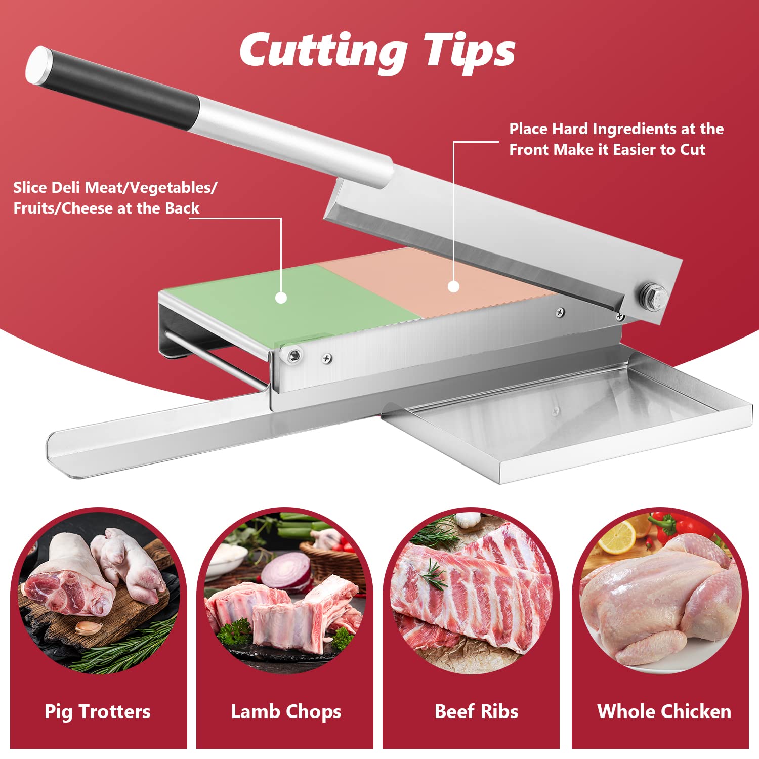 LANUEVA Manual Meat Bone Cutter, 16 inch Heavy Duty Jerky Slicer Chicken Cutting Machine for Butcher Home & Commercial Use, Ribs Meat Chopper with Knife Sharpening Rod