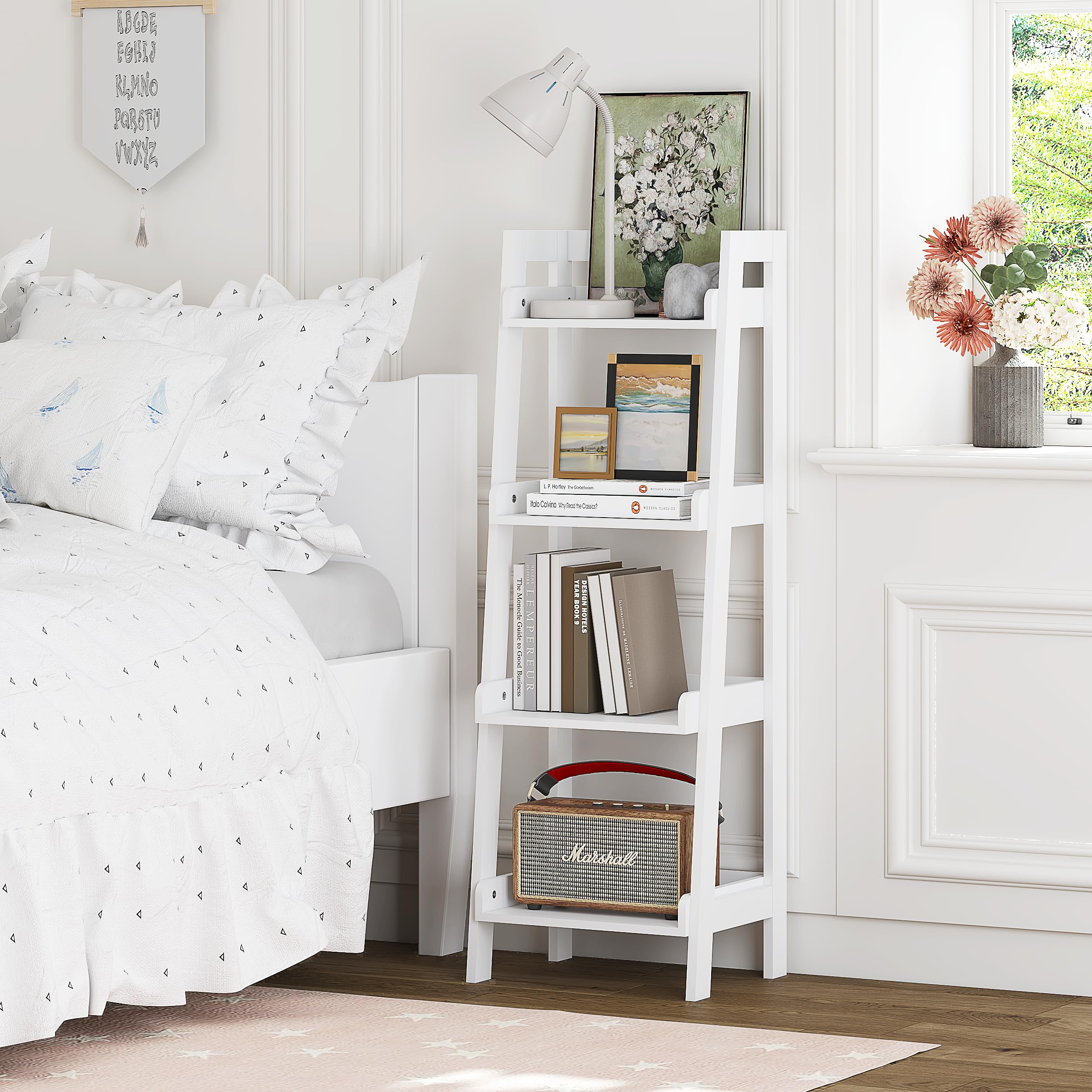 UTEX 4-Tier Ladder Shelf, Bathroom Shelf Freestanding, 4-Shelf Spacesaver Open Wood Shelving Unit, Ladder Shelf (White)