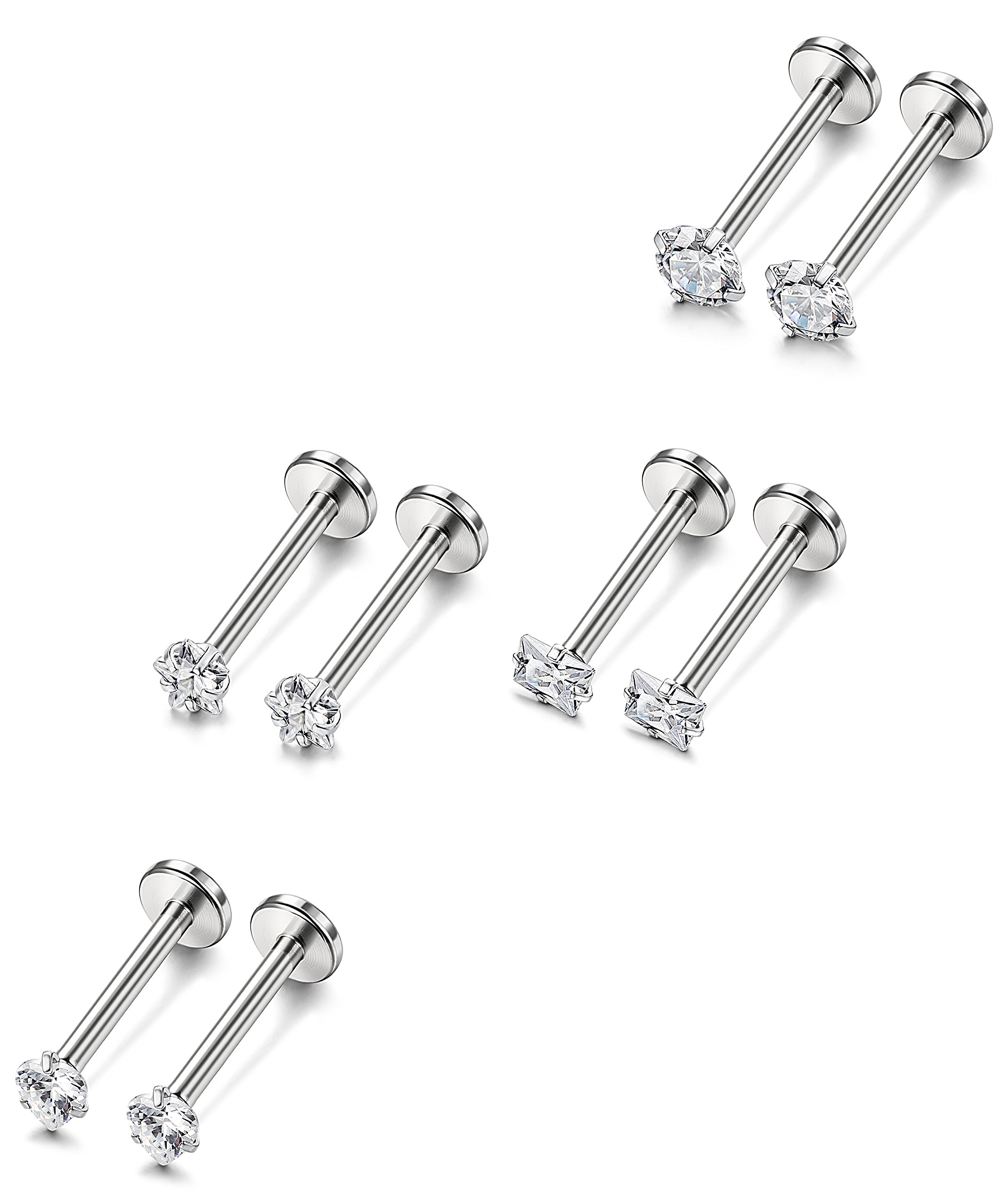 FUNRUN JEWELRY 4 Pairs 16G Stainless Steel Monroe Lip Rings Nose Studs Body Jewelry Piercing 3mm CZ 6mm