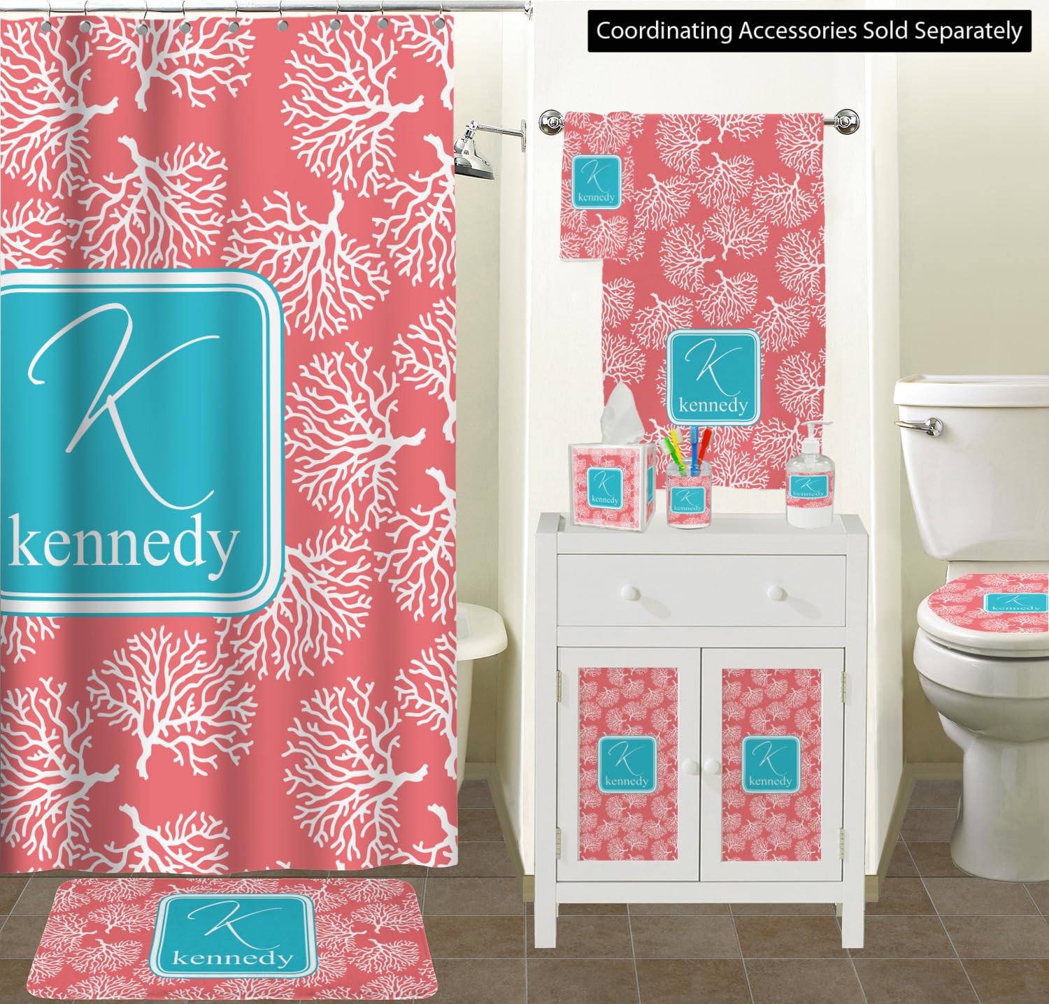 RNK Shops Personalized Coral & Teal Waste Basket - Double Sided (White)