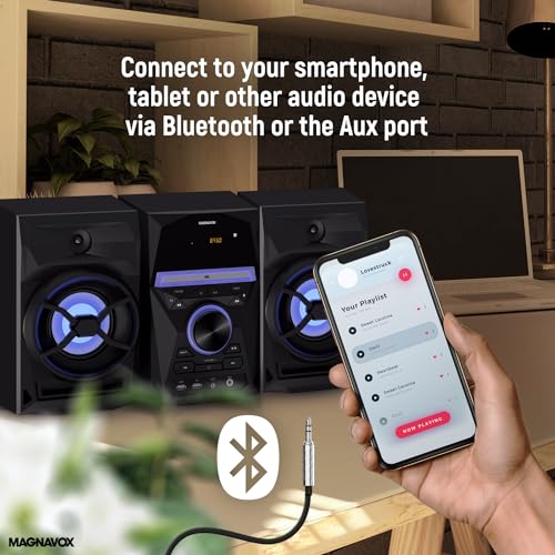 Magnavox MM441 3-Piece CD Shelf System with Digital PLL FM Stereo Radio, Bluetooth Wireless Technology, and Remote Control in Black | Blue Colored Speaker Lights | LED Display | AUX Port Compatible |