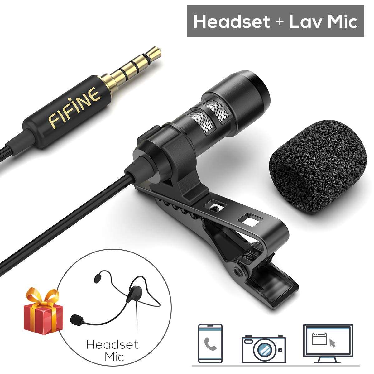 Fifine Lavalier Lapel Microphone, 3.5mm Clip On Mic for YouTube Video Recording Vlog, External Mic for iPhone iPad Android Cell Phone DSLR PC Laptop Mac Computer, Noise Reduction-C1