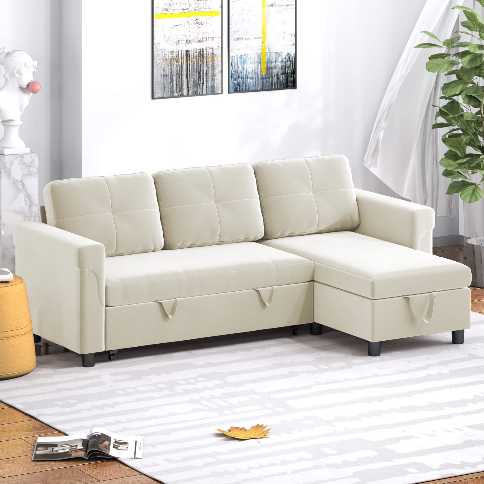 MUZZ Pull Out Sofa Bed with Storage, Reversible Sleeper Sofa,Sectional Sofa, L Shaped Chaise Sofa, Convertible Couches for Living Room,Beige
