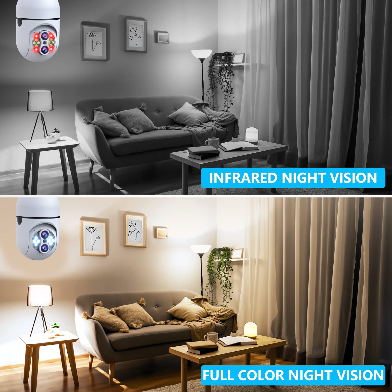 Light Bulb Security Camera Wireless Outdoor with Color Night Vision, 10X Hybrid Zoom 360° View Dual Lens Light Socket Camera Auto Tracking PIR Motion Detection Alerts Two Way Talk Color Night Vision