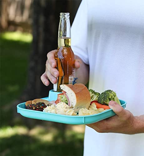 Great Plate Reusable Plastic Plates for Parties with Built-In Cup Holder - Set of 6 Party Plates and Cups for Kids or Adults for Tailgating BBQ Camping Picnics (Red, White and Green, Square)