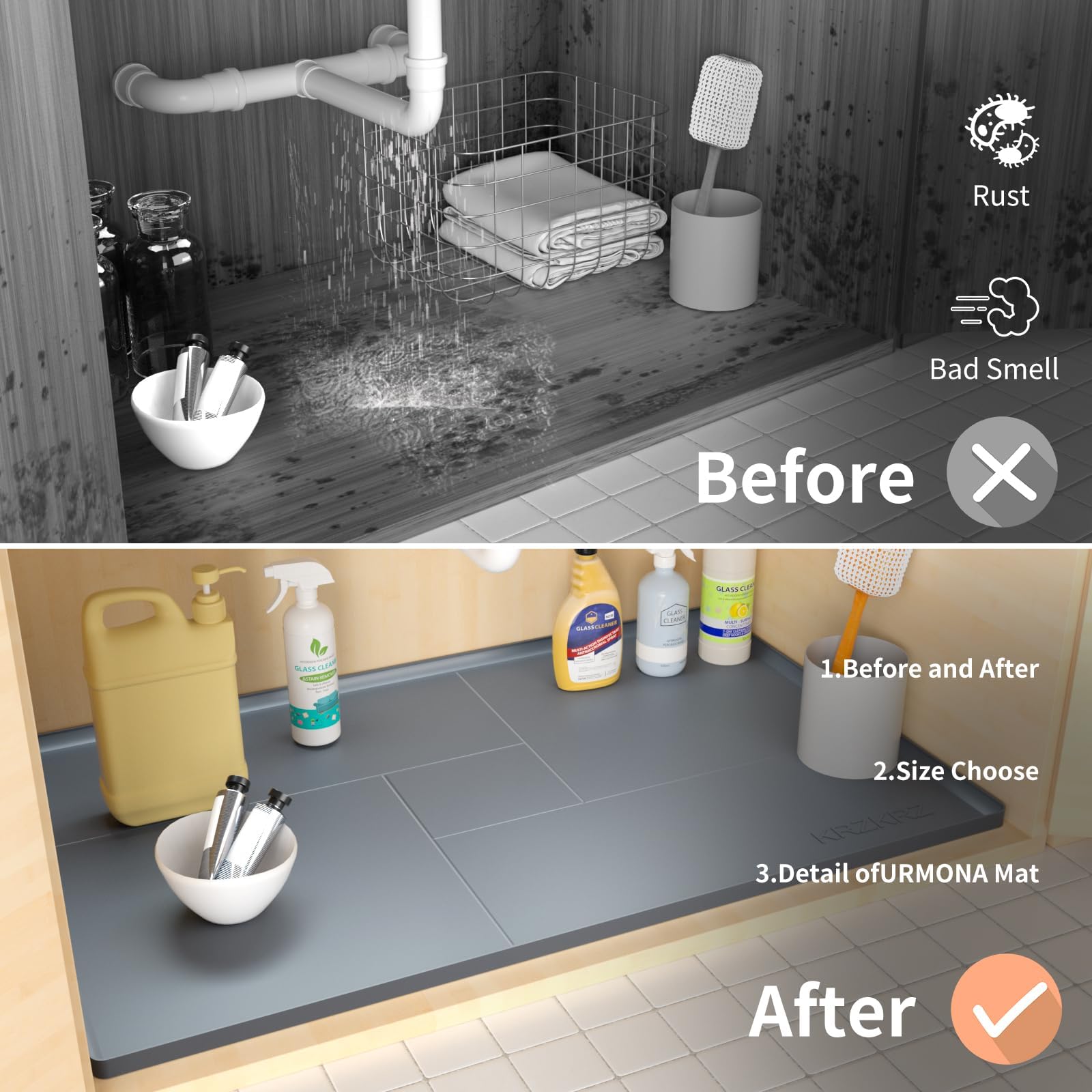 KRZKRZ Under Sink Mat 34x22,Multi-role Under the Sink Mat,Under Sink Mats for Kitchen Waterproof ,Thick Silicone Under Kitchen Sink Mat ,Grey Under Sink Tray can Store and Protect Bathroom,Cabinet.