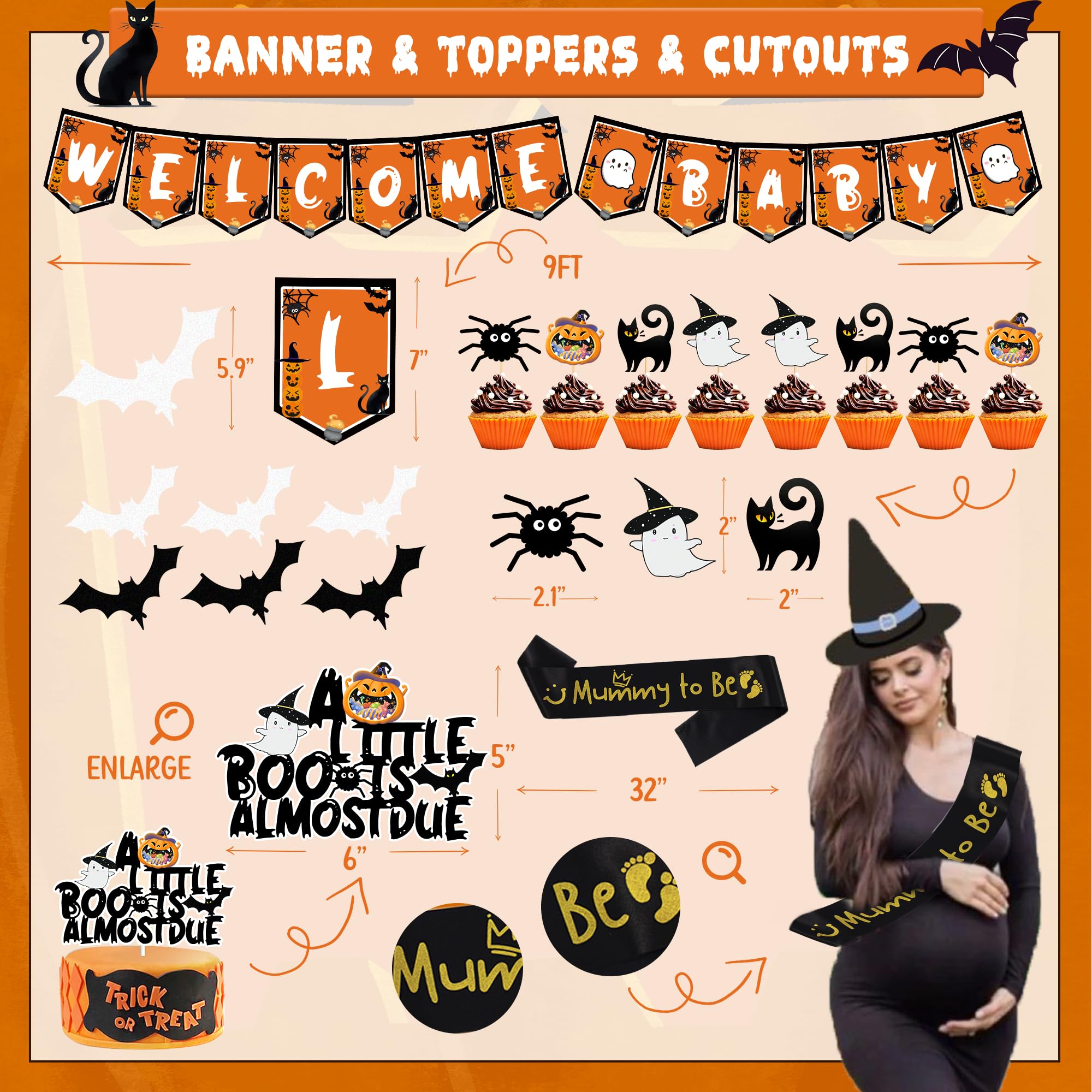 Our Little Boo is on the Way Baby Shower Decorations,Halloween Baby Shower Decorations for Boy Kit Backdrop Backdrop Banner Cake Cupcake Topper Tablecloth Spider Web for Baby Boy Shower Halloween