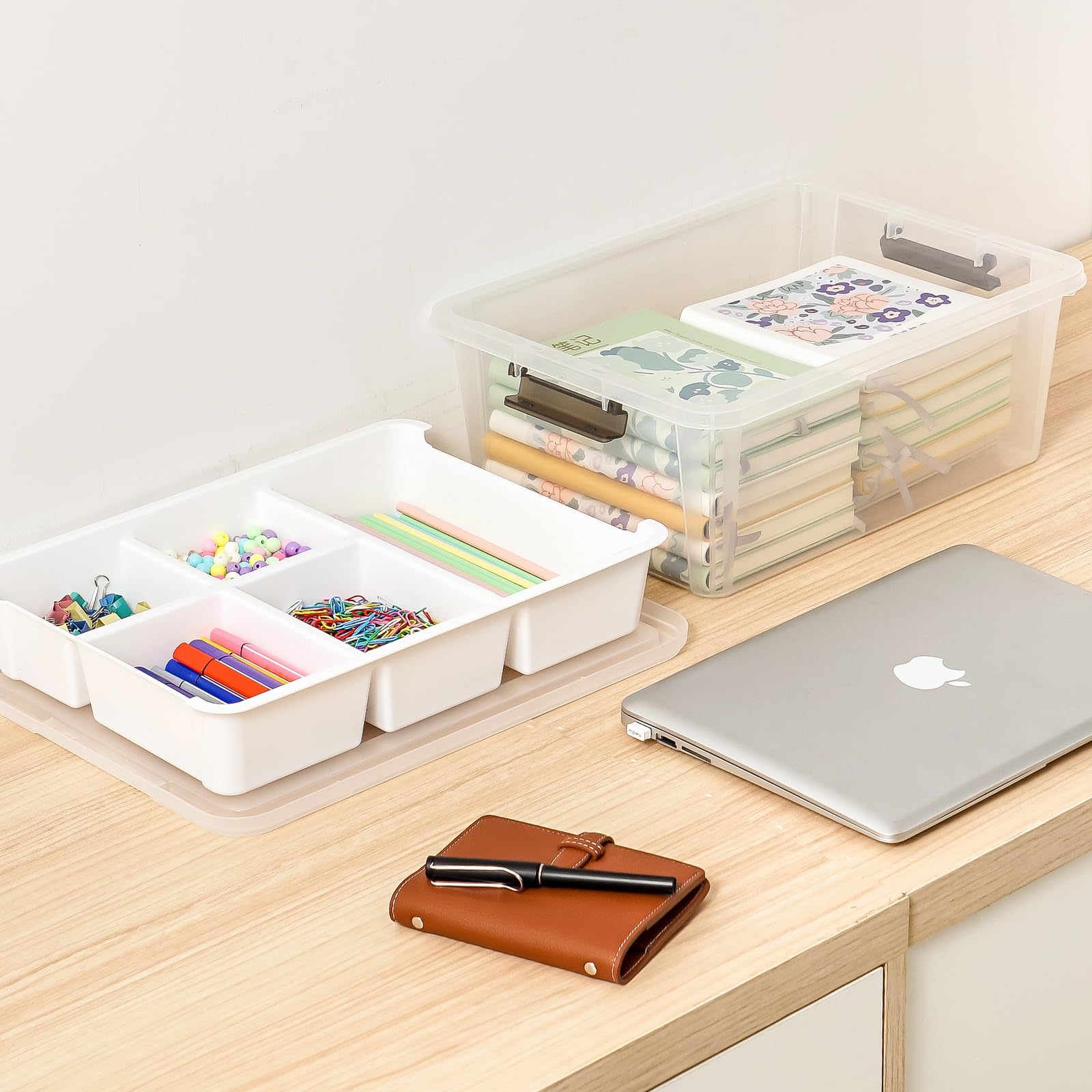 MACOPRO 17 QT Plastic Storage Box with Removable Tray Craft Organizers and Storage Clear Storage Container for Organizing Bead, Tool, Sewing, Playdoh (White, 1Pack-17QT)