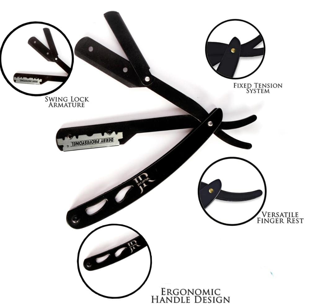 jegwar Premium Care Professional Barber Straight Edge Razor Safety with 100-Pack Derby Blades - 100 Percent Stainless Steel (Black)