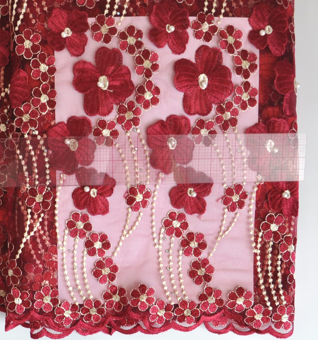SanVera17 Manual Beading Glitter Stone African Lace Net Fabrics Nigerian Fabric Embroidered and Guipure Cord Lace for Party Wedding (Dark Red) 5 Yards