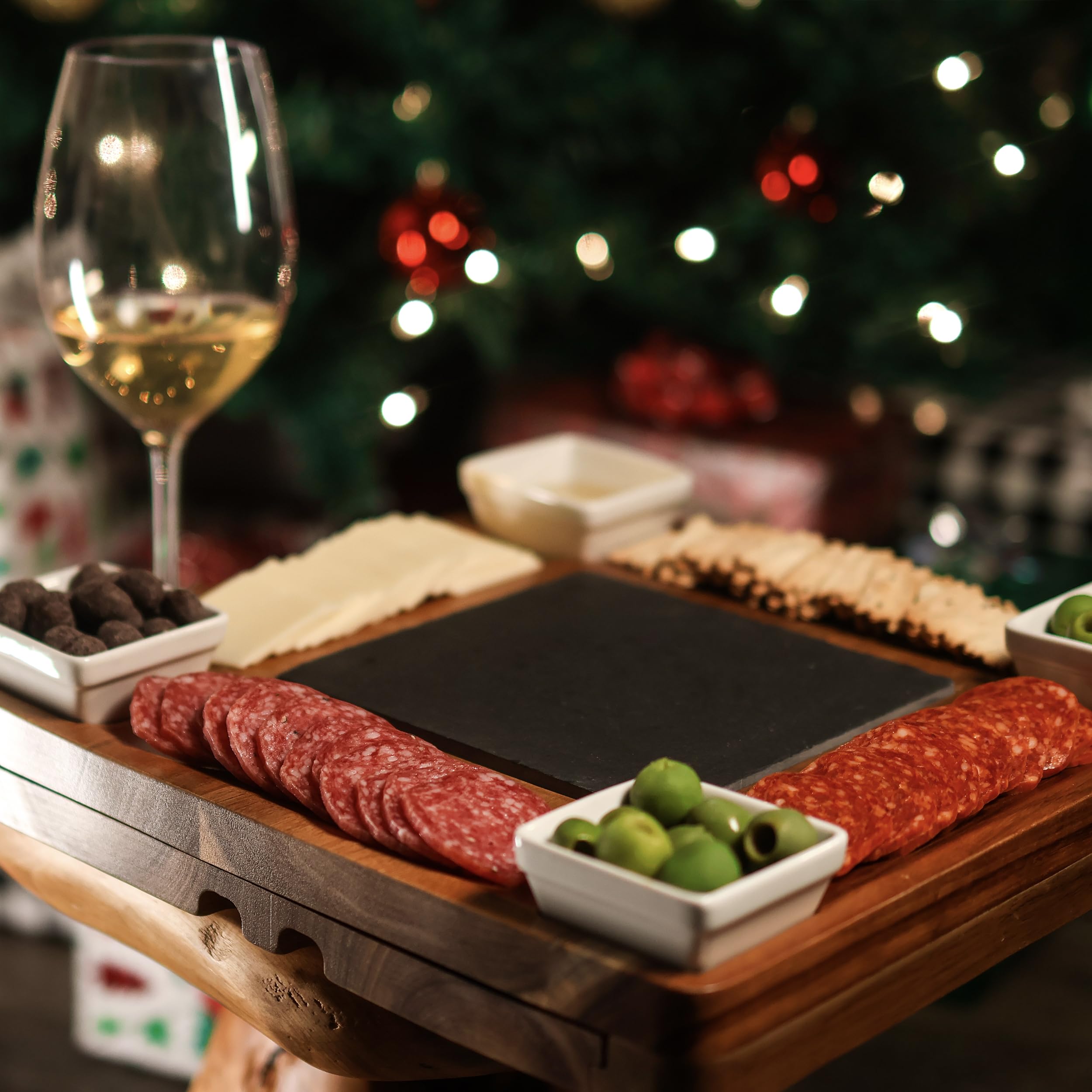 G Francis Large Charcuterie Boards with Bowls and Cheese Board Knife Set - 12.5in Square Acacia Wood Serving Platter Set