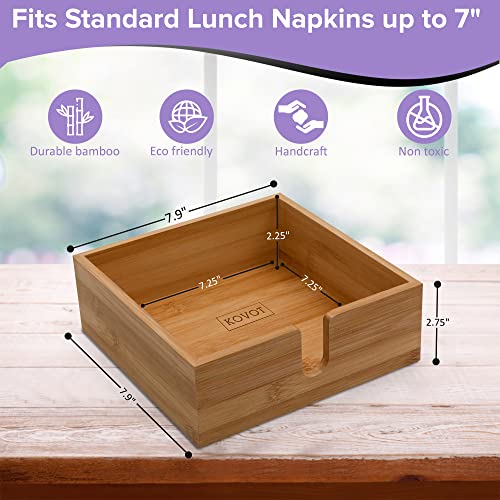 KOVOT Bamboo Napkin Holder β 7"W x 7"W Flat Square Natural Wooden Napkin Tray β Table Top Decorative Tissue Paper Dispenser for Kitchen, Luncheon & Dining Table