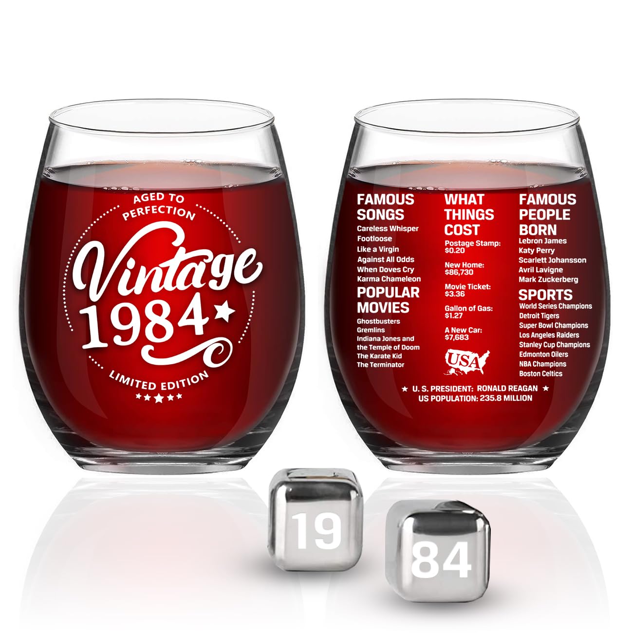 Greatingreat 1984 Old Time Information 40th Birthday Gifts for Women Men - 1984 Vintage 15 oz Stemless Wine Glass - 40 Year Old Birthday Party Decorations - Forty Class Reunion Ideas