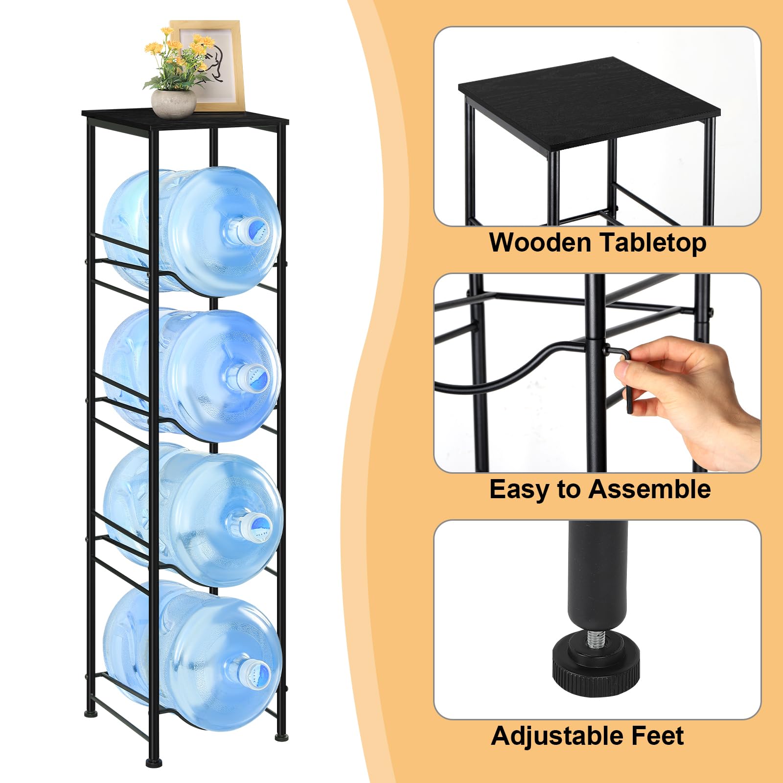 MOOACE 3-Tier Water Jug Rack, 5 Gallon Water Bottle Holder Organizer with Top Storage Shelf, Black