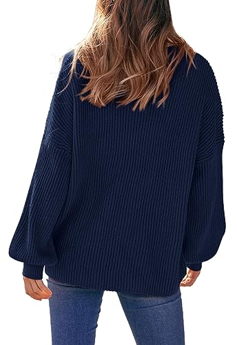PRETTYGARDEN Long Sleeve Oversized Sweaters for Women Fall 2023 Crew Neck Solid Color Casual Knit Pullover Sweater Tops (Navy,Small)