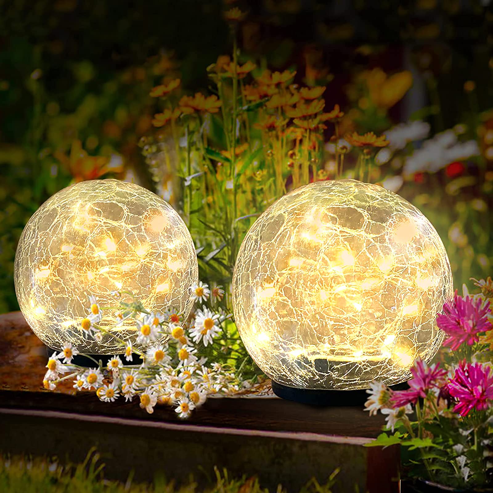 Garden Solar Lights Pathway Outdoor Cracked Glass Ball Waterproof Warm White LED for Walkway Patio Yard Lawn (5.9)