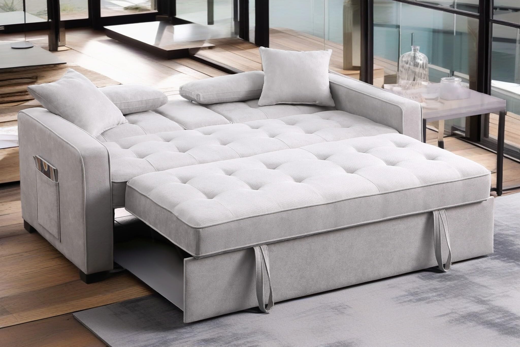 MMTGO 3-Seat Sectional Sofa Set with Storage Ottoman, Cup Holder, USB Port, Magazine Bags, Storaged Armrests, L Shaped Upholstered Couch for Living Room, Compact Space