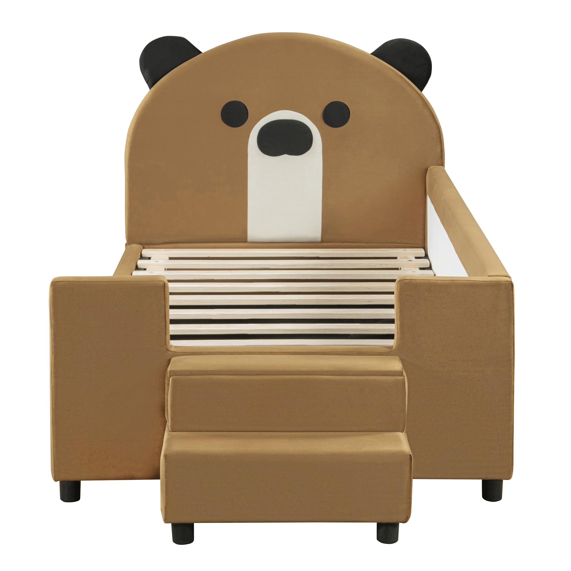 Luxo Abode Twin Size Upholstered with Bear Shaped Headboard, Velvet Daybed w/Hydraulic System and Breathable Mesh Fence, Easy Assembly and No Spring Need, for Kids Teens Bedroom, Brown