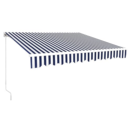 MCombo 12x10 Feet Manual Retractable Patio Door Window Awning Sunshade Shelter Outdoor Canopy (Ocean Blue with White Stripes)