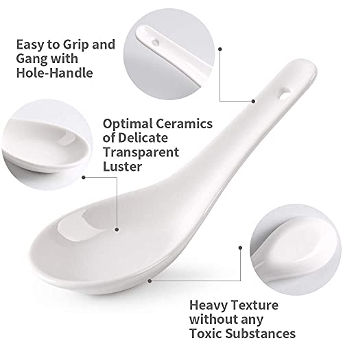 HAPPY KIT 5.3" Asian Soup Spoons Set of 6-White Ceramic Dessert Spoons Ramen Spoons Proper for Corelle Pho Miso Wonton Ramen Dumpling Macaron Dishwasher & Oven Safe