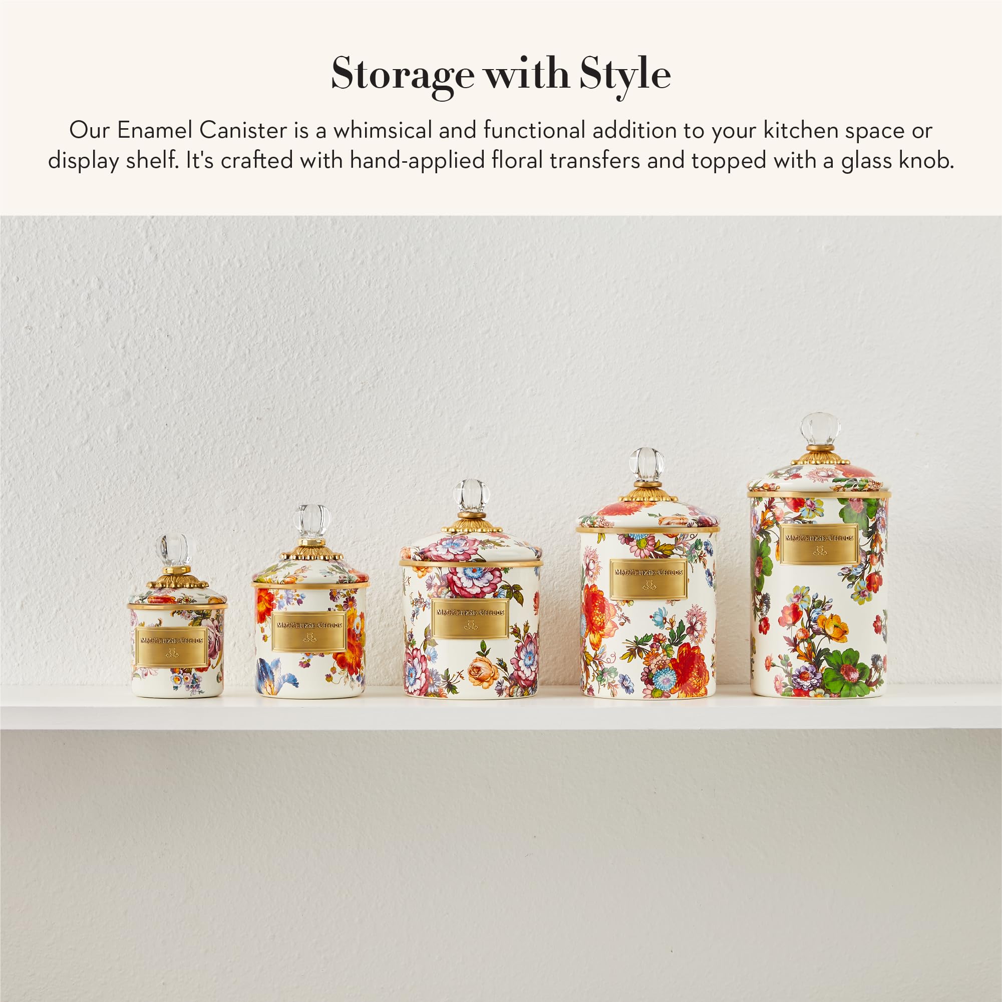 MACKENZIE-CHILDS Demi Enamel Canister, Kitchen Storage Container for Sugar or Loose-Leaf Tea, 24 Ounces, White Flower Market