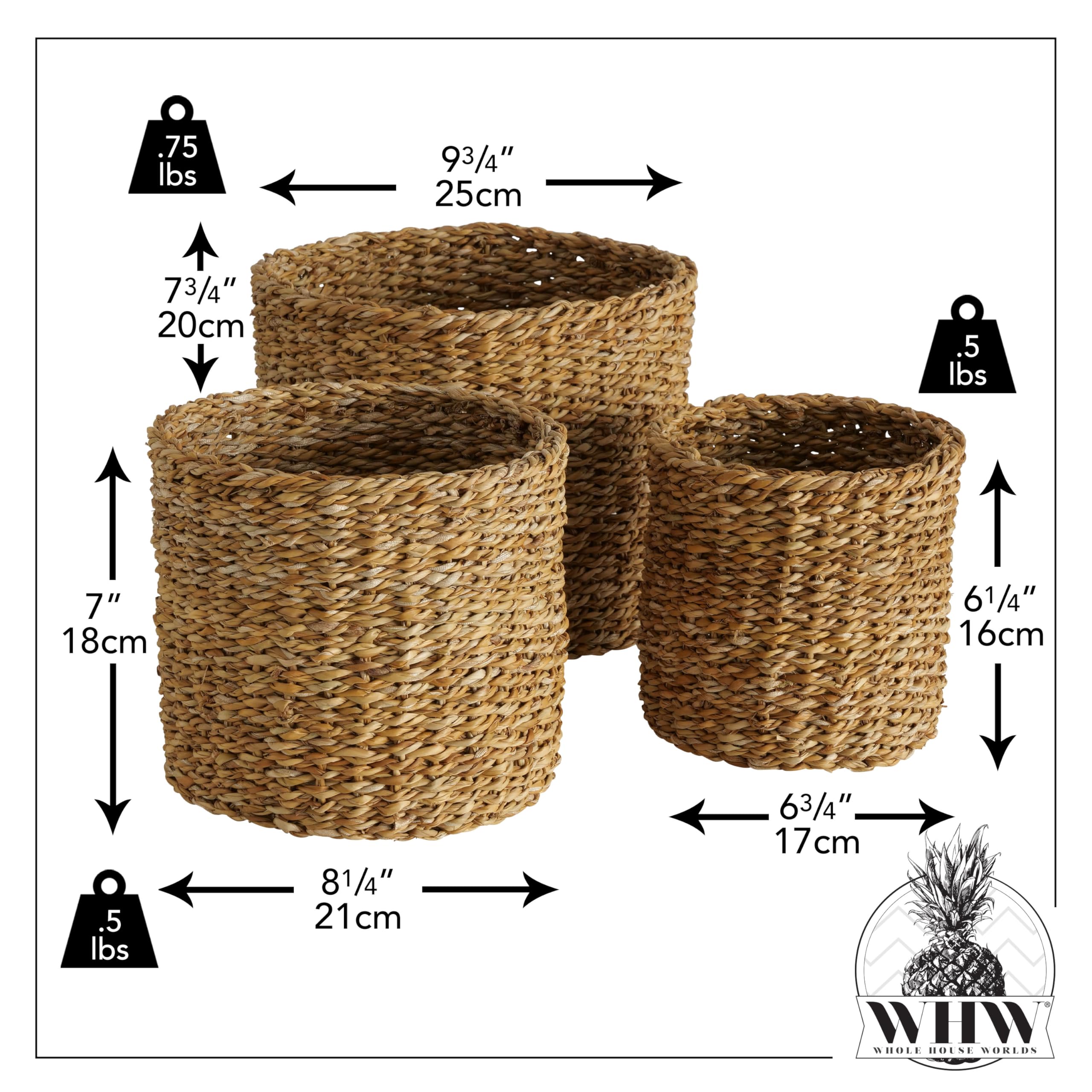 Made by Nature Seagrass Baskets, Round, Natural Chunky Sweater Weave, Set of 3, Made by Hand, From 9.75-6.75 D Inches, Ideal for Storage