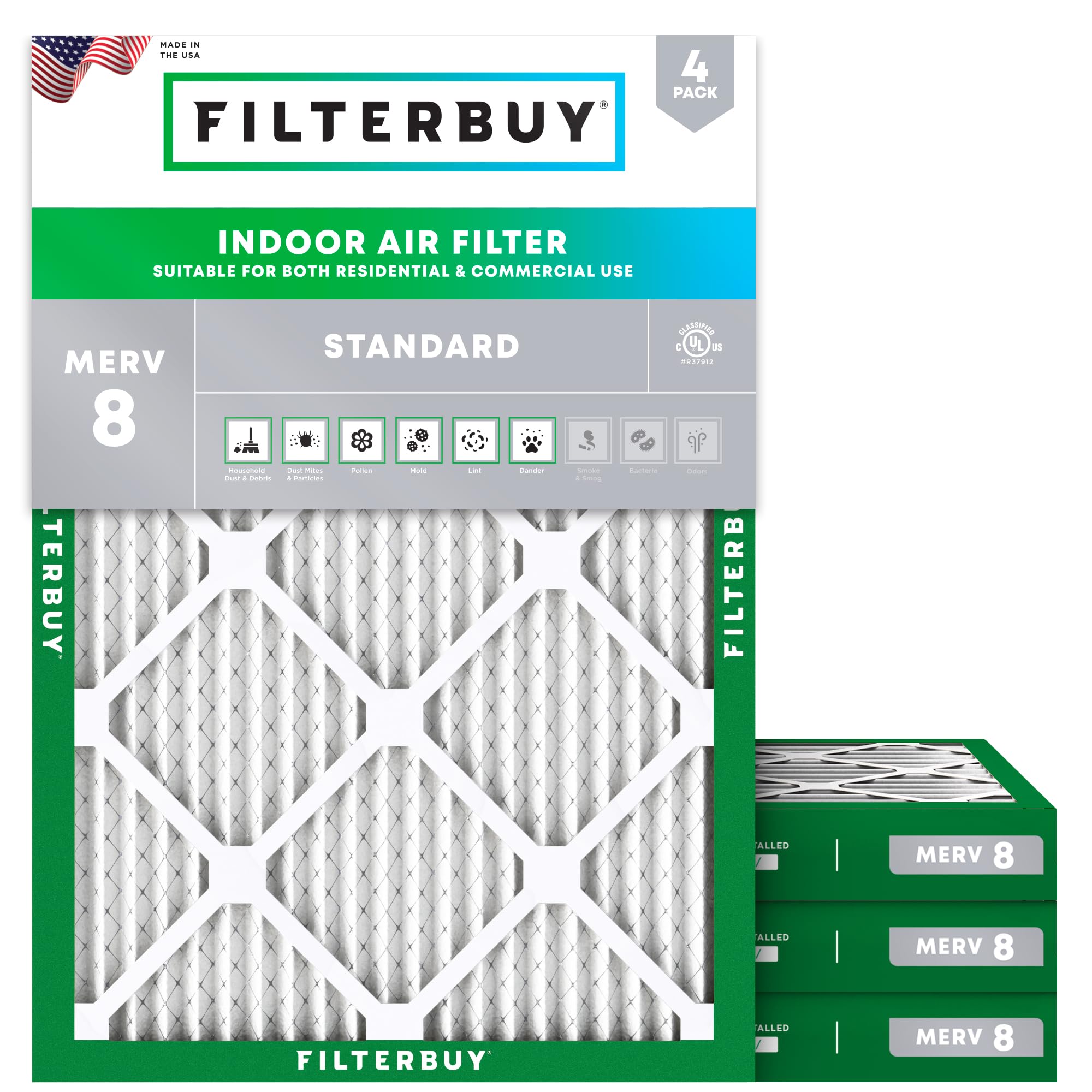 Filterbuy 20x25x2 Air Filter MERV 8 Dust Defense (4-Pack), Pleated HVAC AC Furnace Air Filters Replacement (Actual Size: 19.50 x 24.50 x 1.75 Inches)