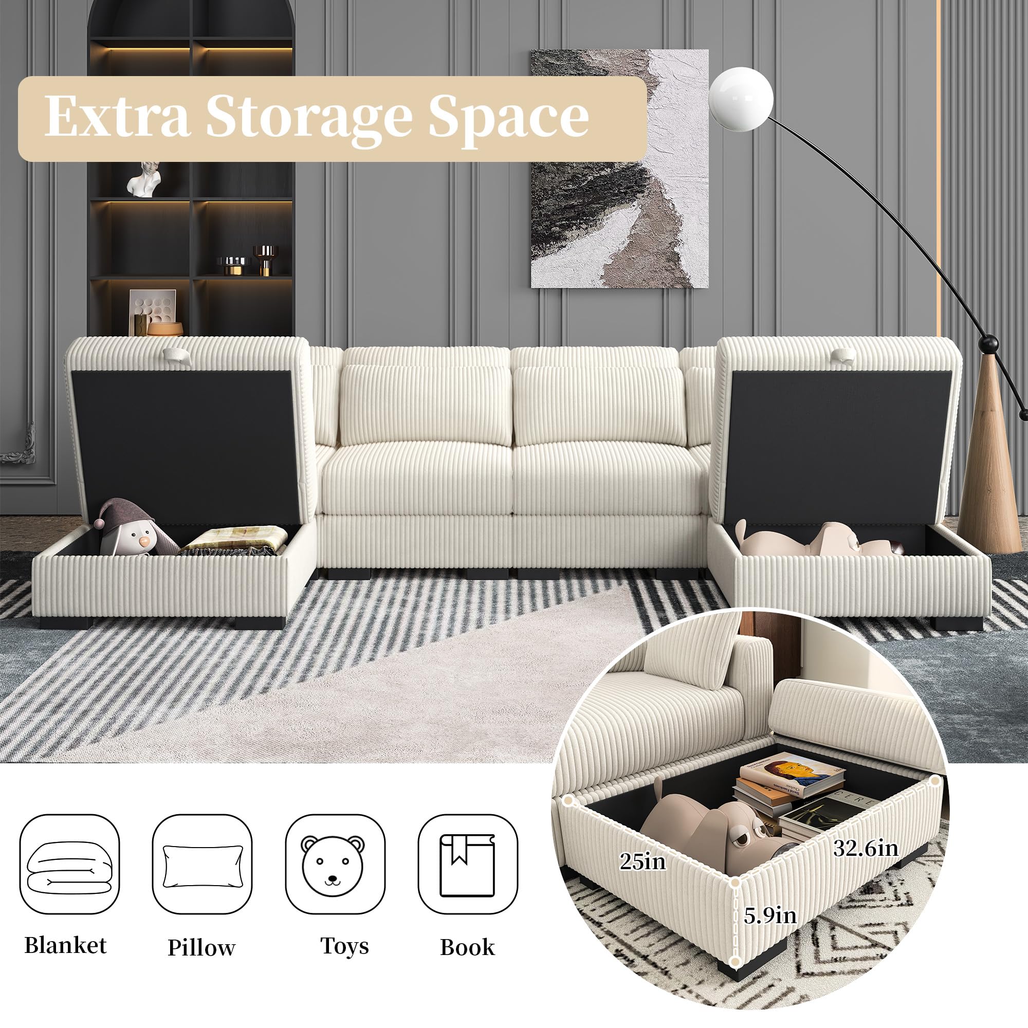 Nynsley 130 Inch Sectional Couches for Living Room,6 Seater Lounge Sofa with 2 Ottoman,Corduroy Cloud Couch with 6 Pillows,Oversized U Shaped Modular Sectional Sofa for Apartment Office Hotel Beige