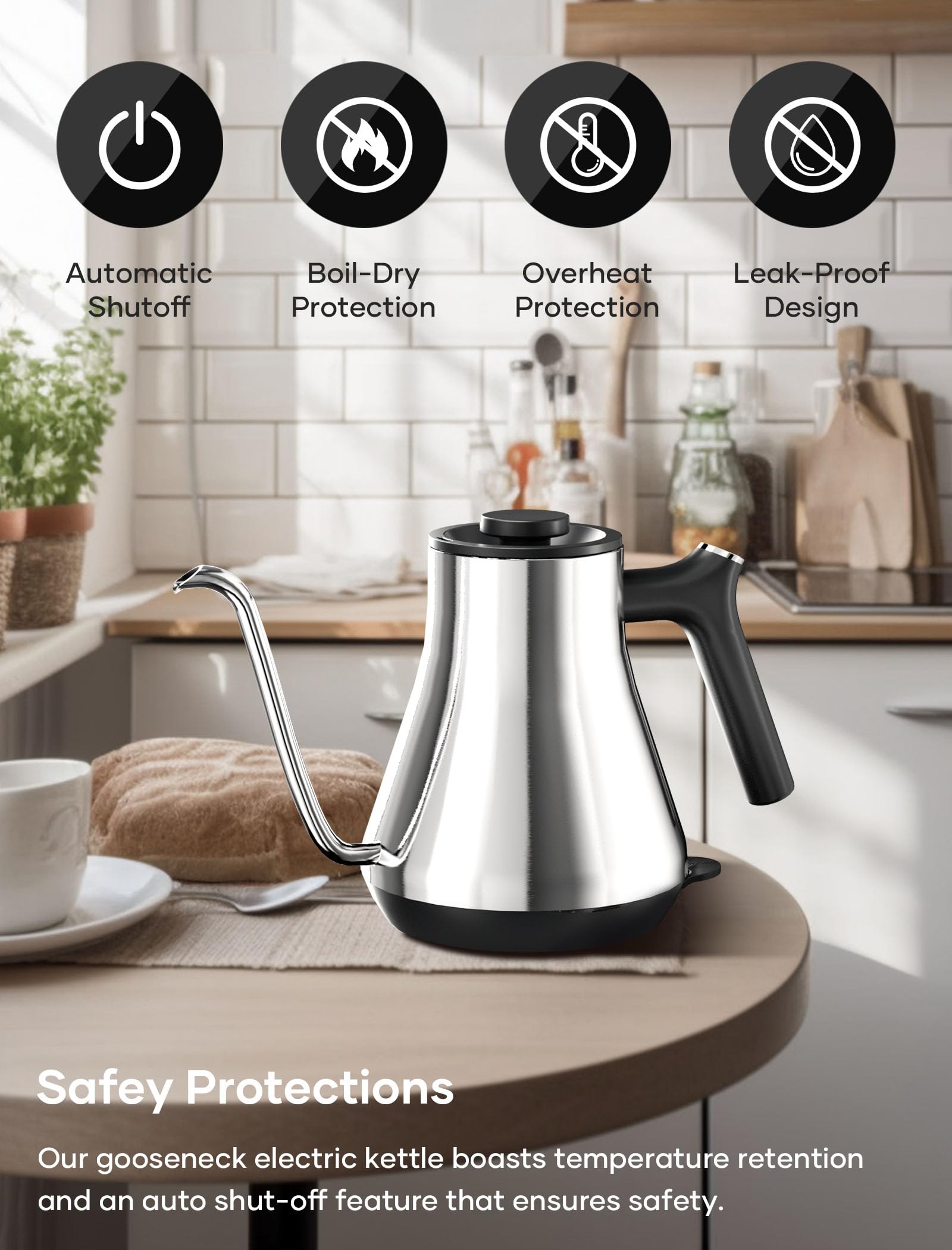 Gooseneck Electric Kettle, Offacy Gooseneck Kettle with 100% Food Grade 304 Stainless Steel, Pour Over Kettle & Coffee Kettle, Tea Kettle 1200 Watt Quick Heating, 0.9L, Stainless Steel