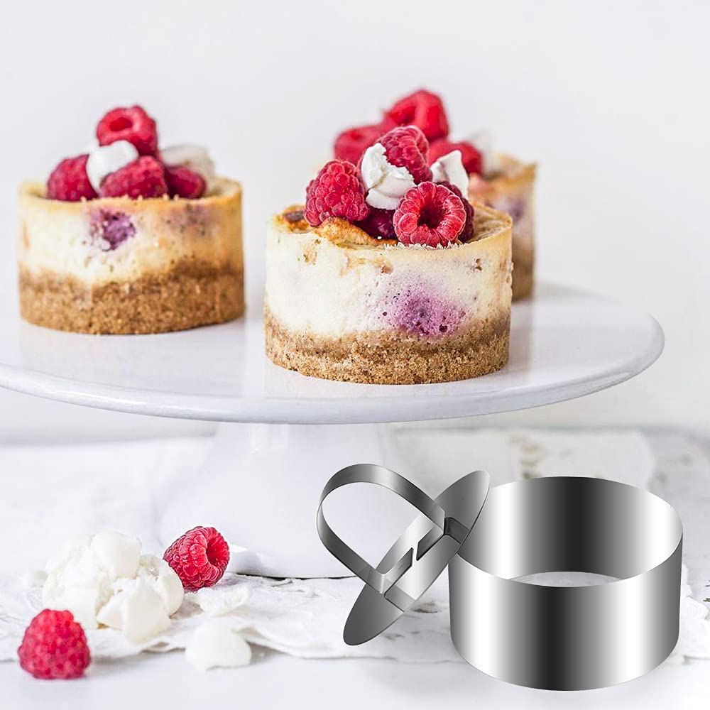 Gutsdoor 4 Pack Food Presentation Rings Stainless Steel Cake Rings Mold Small Baking Round Cooking Rings for Pastry, Cake, Mousse, Pancake - 4 Pushers+1 tweezer, 3.15 Inches Diameter