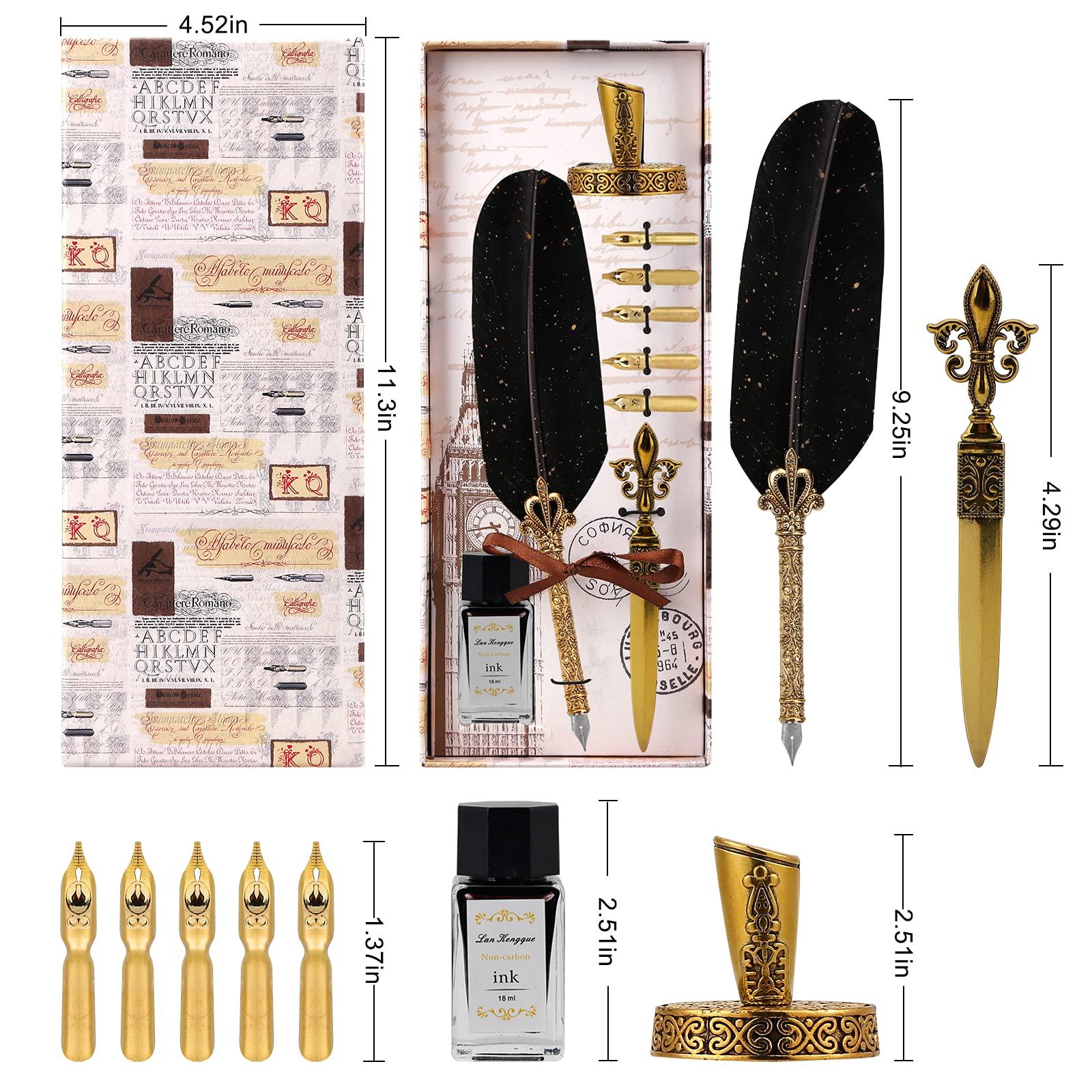 FunWr1te Quill Pen and Ink Set - Antique Goose Feather Calligraphy Pen Set Includes Dipping Pen, 5 Replacement Nibs, Ink, Letter Opener and Pen Holder (Black)